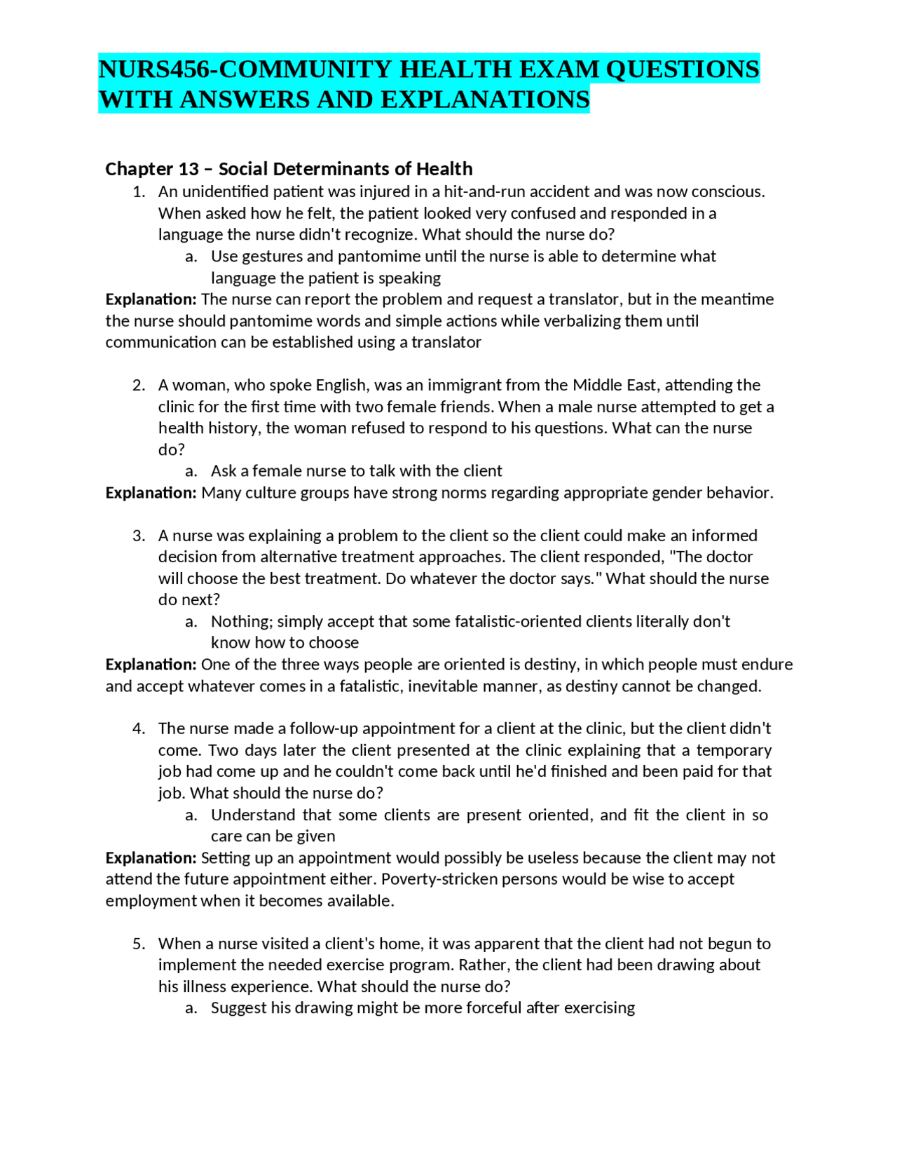 NURS456-COMMUNITY HEALTH EXAM QUESTIONS WITH ANSWERS AND EXPLANATIONS ...