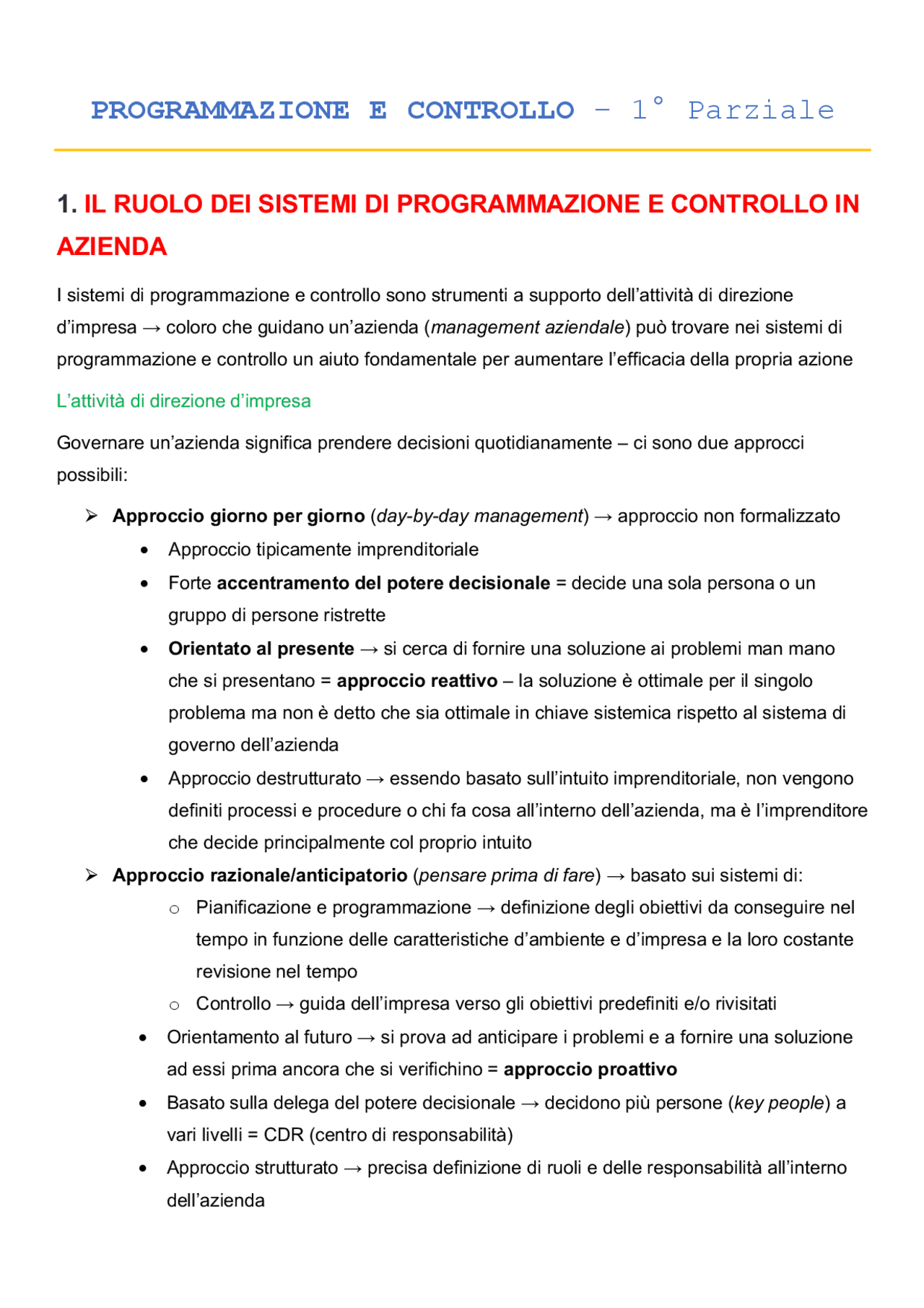 Programmazione e Controllo - 1° Parziale - Prof. Memmola/Buccarella | Dispense di Programmazione ...