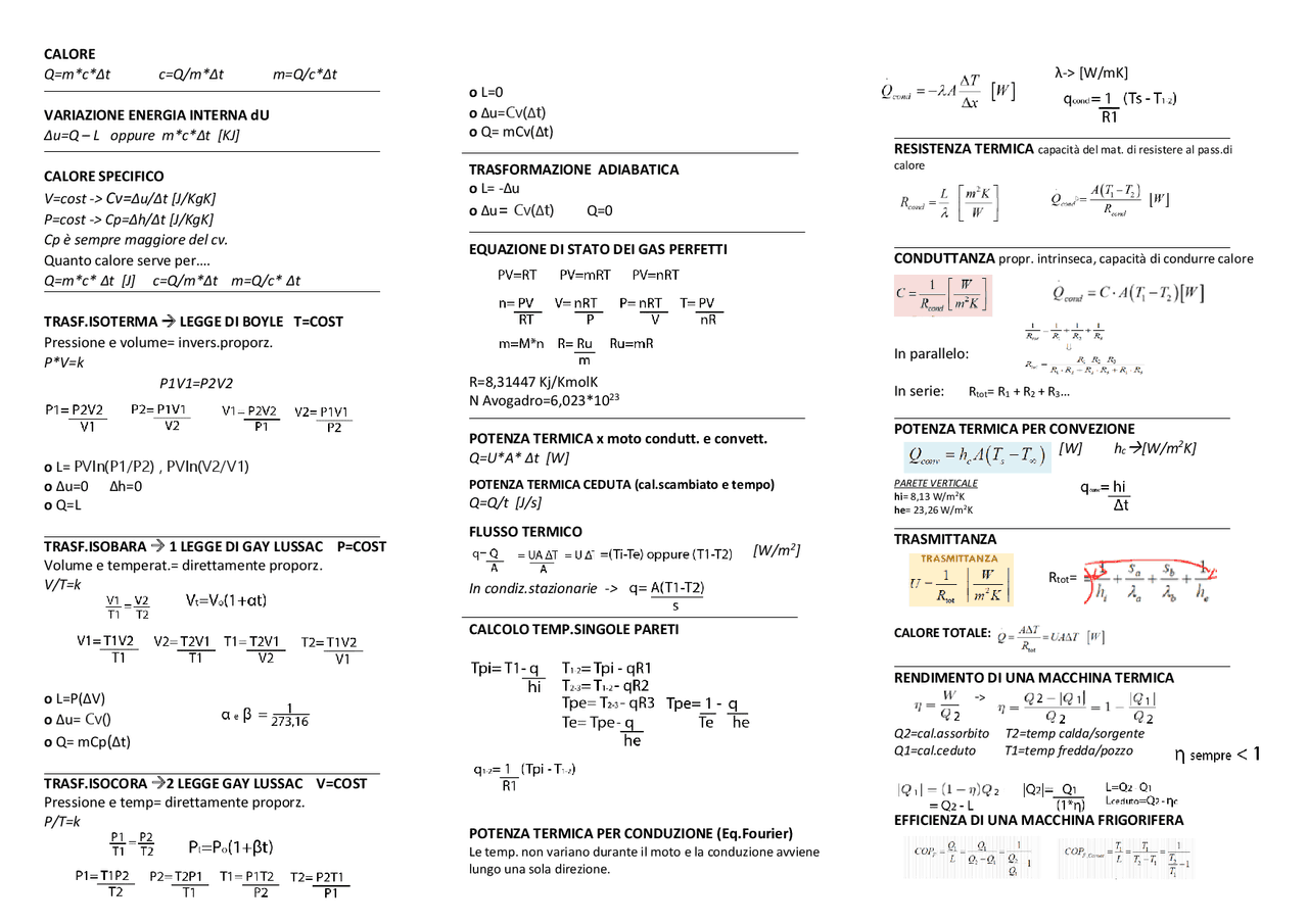Formulario di fisica tecnica | Formulari di Fisica Tecnica | Docsity