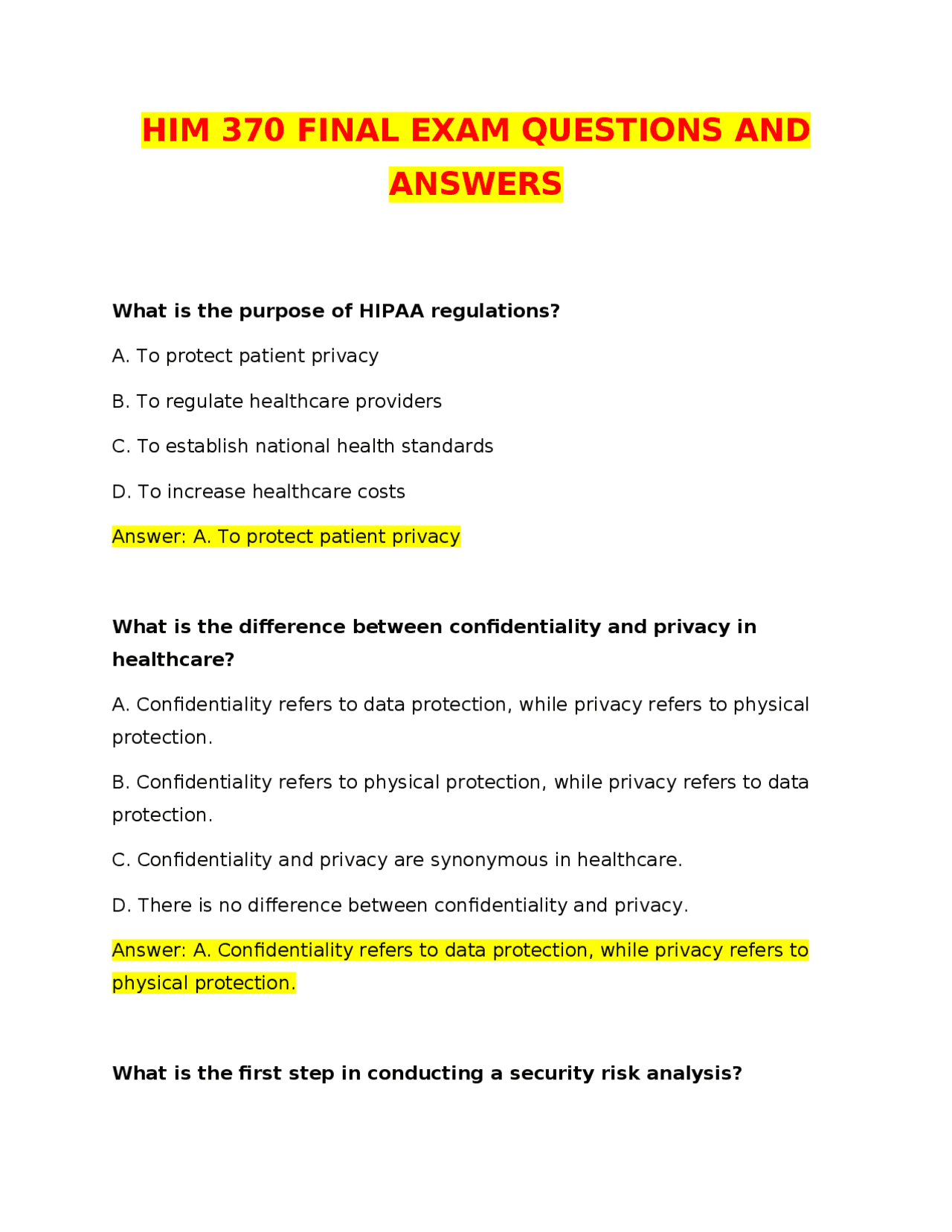 HIM 370 FINAL EXAM QUESTIONS AND ANSWERS | Exams Nursing | Docsity