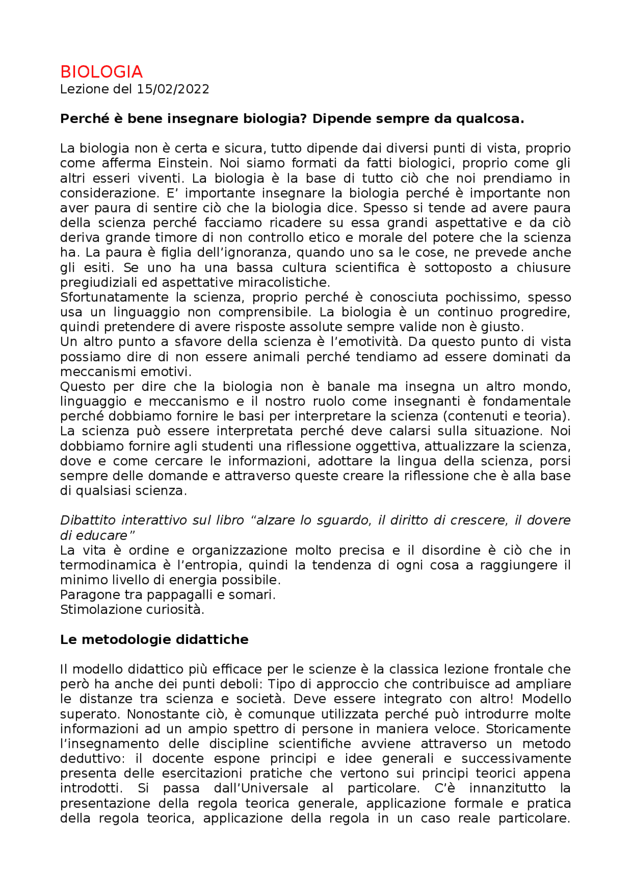 Scienze Biologiche Anno Accademico 2021 2022 Appunti Di Biologia