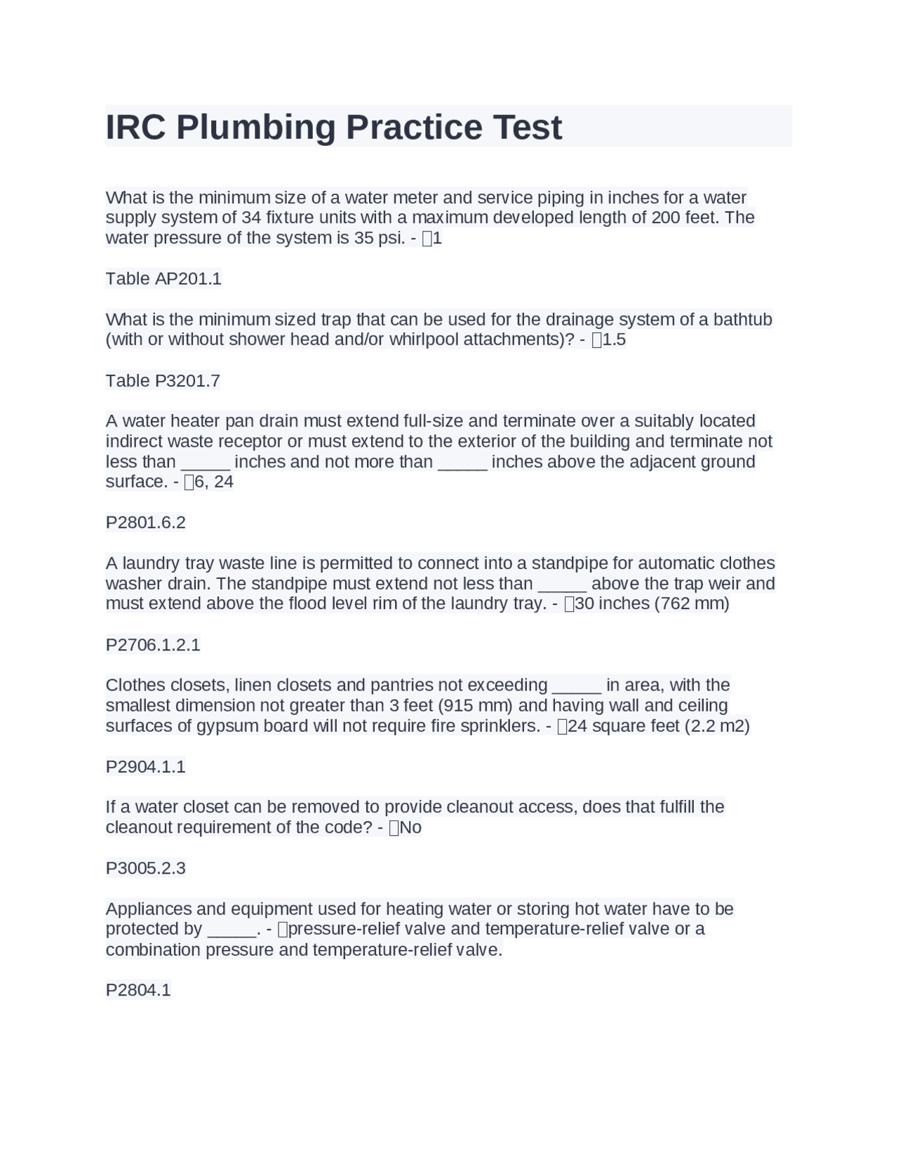 IRC Plumbing Practice Test | Exams Engineering | Docsity