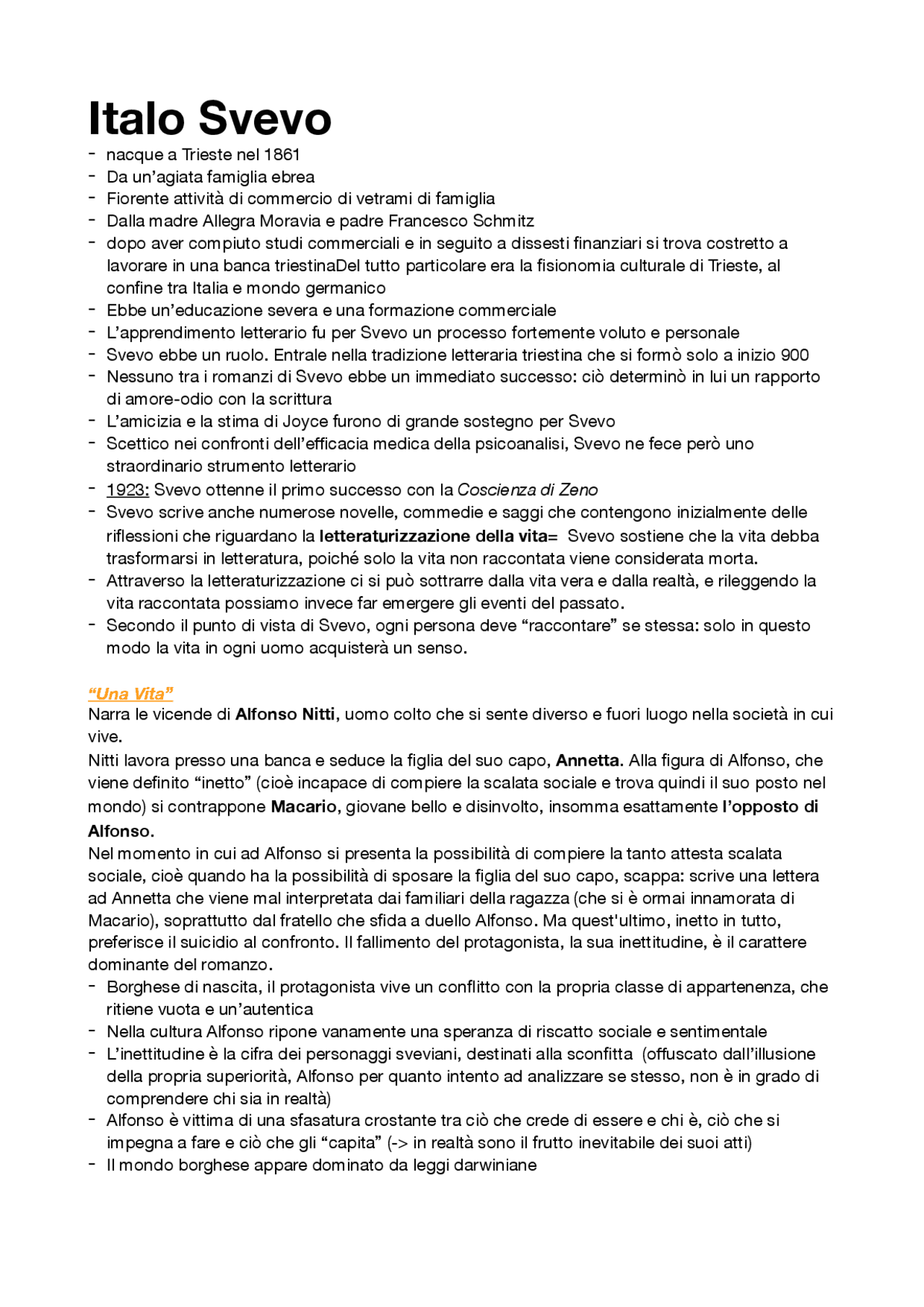 Italo Svevo e le sue opere | Appunti di Italiano | Docsity