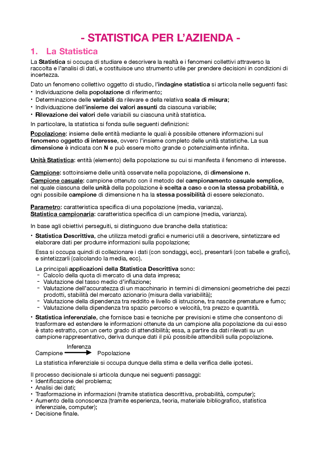 Riassunto COMPLETO Statistica per l'azienda | Appunti di Statistica Per L'impresa | Docsity