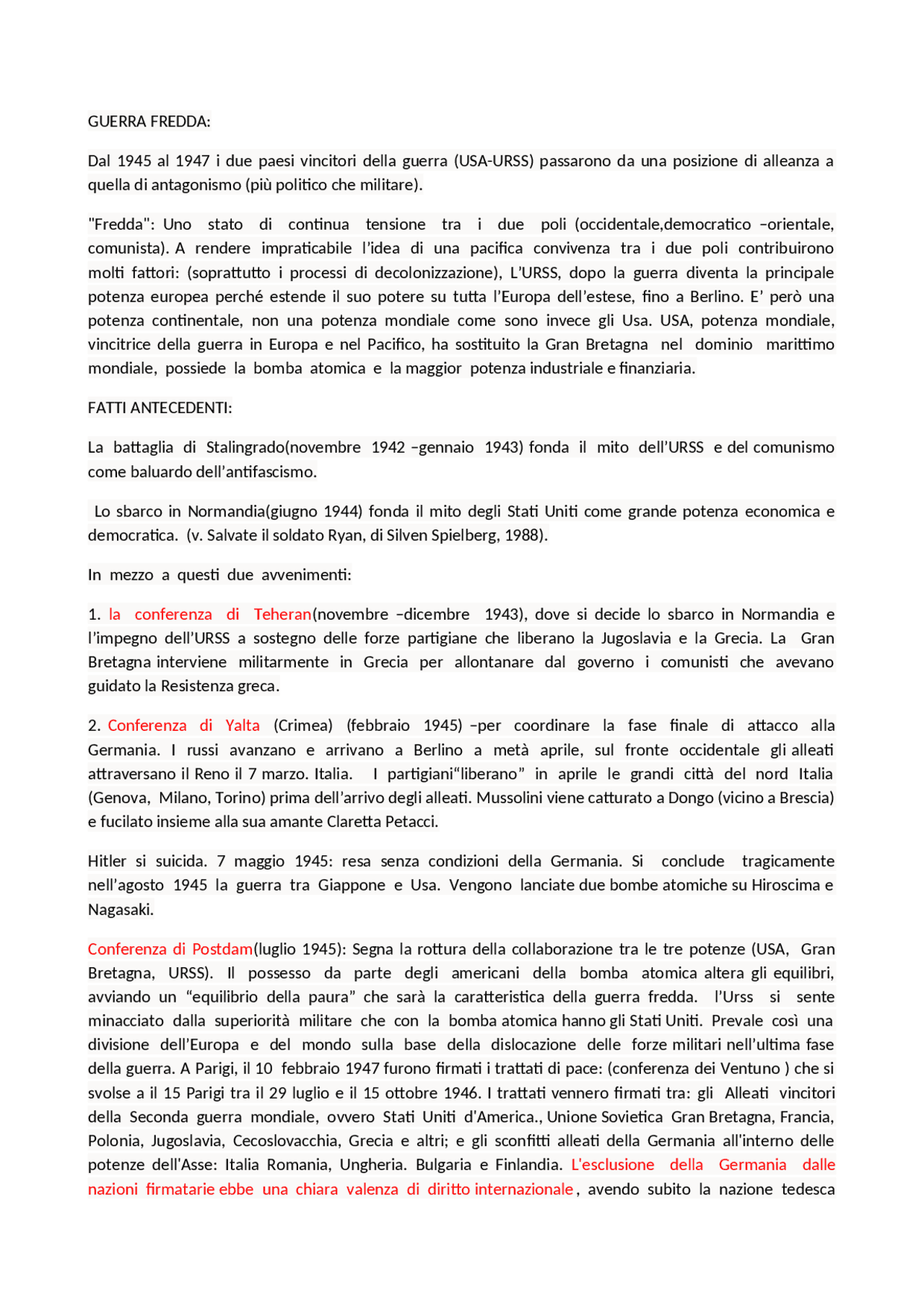 Guerra Fredda riassunto utile che racconta in breve gli avvenimenti di ...