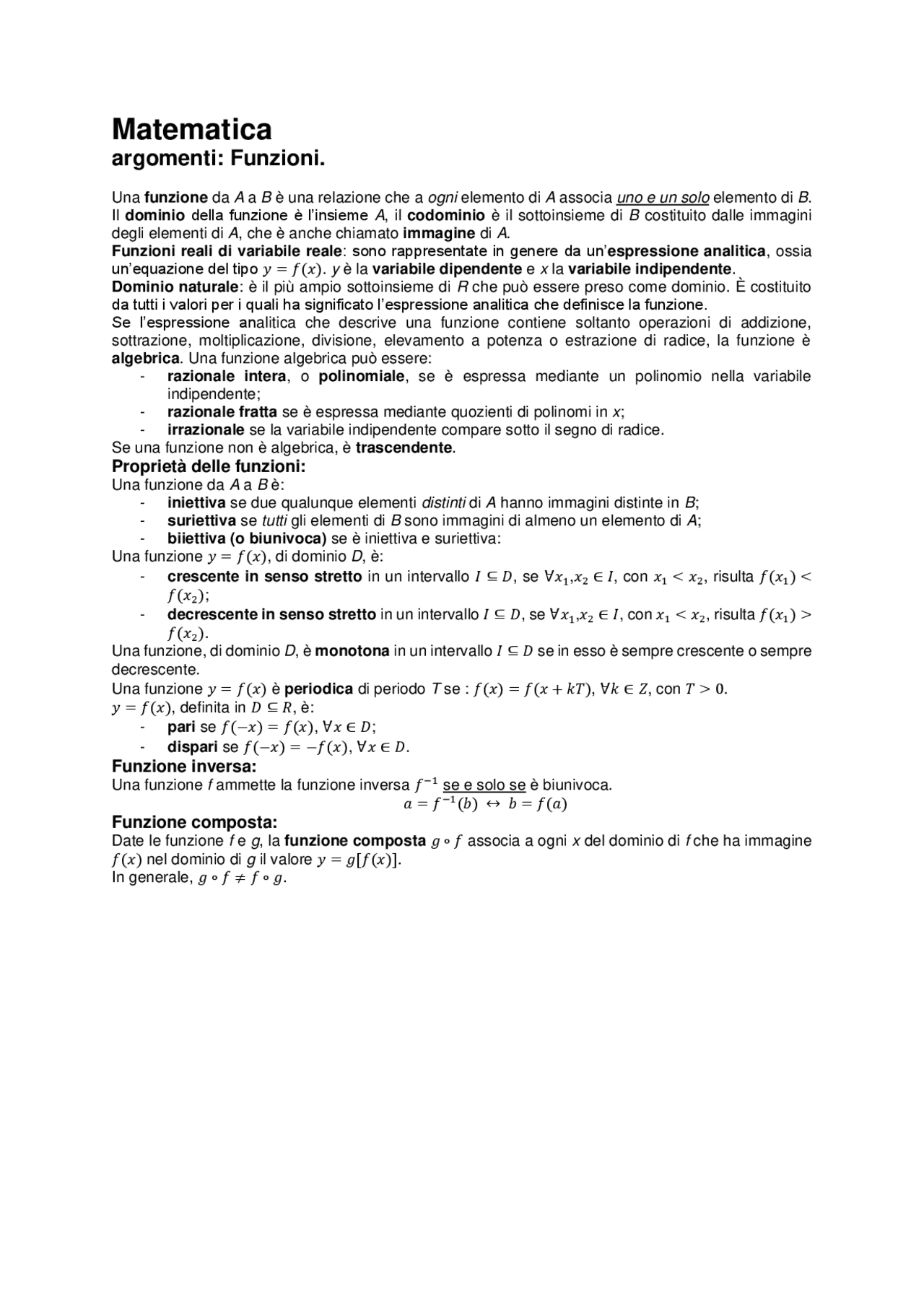 Matematica Sintesi Sulle Funzioni Appunti Di Matematica Docsity