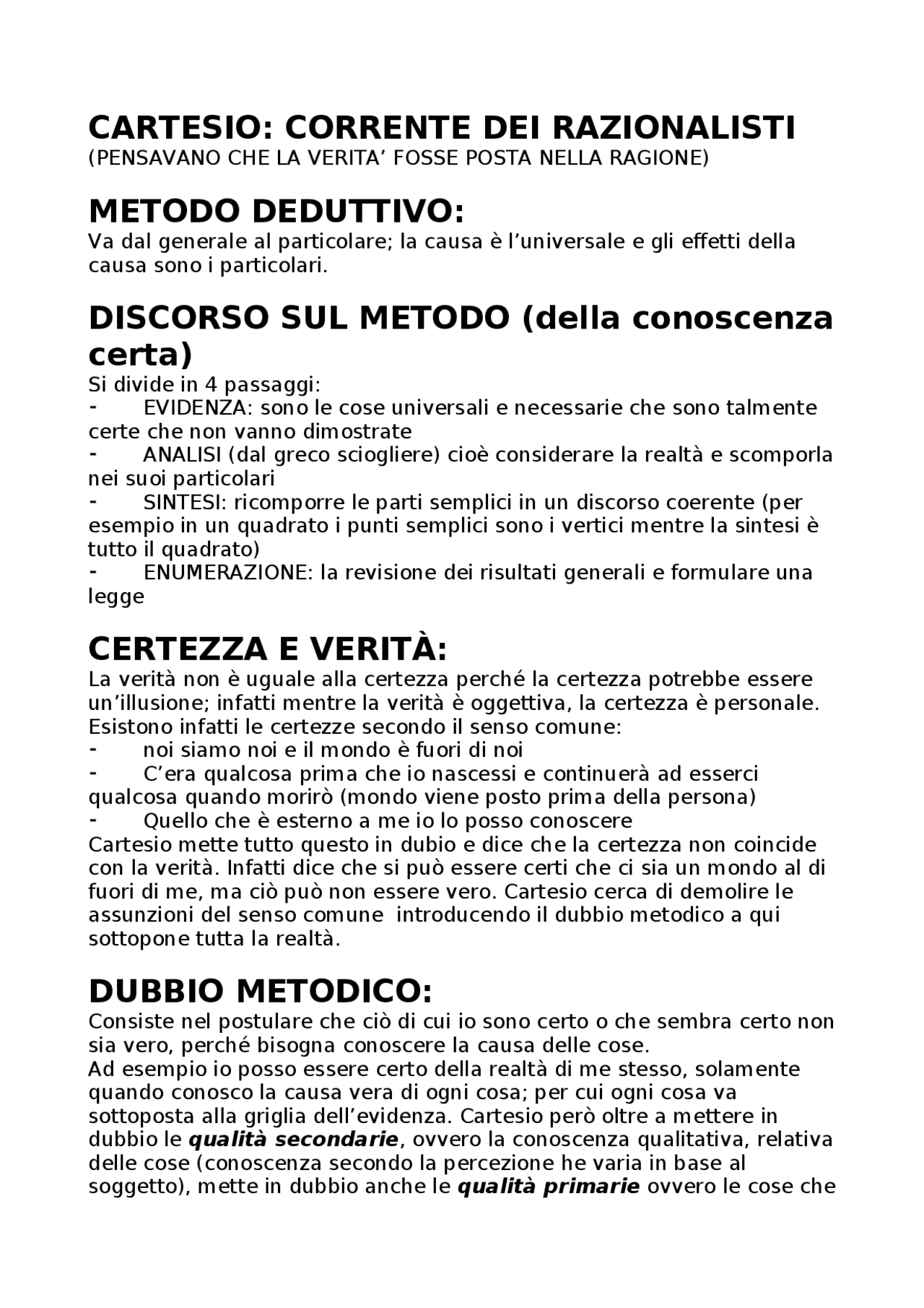 Riassunto su Cartesio | Schemi e mappe concettuali di Filosofia | Docsity