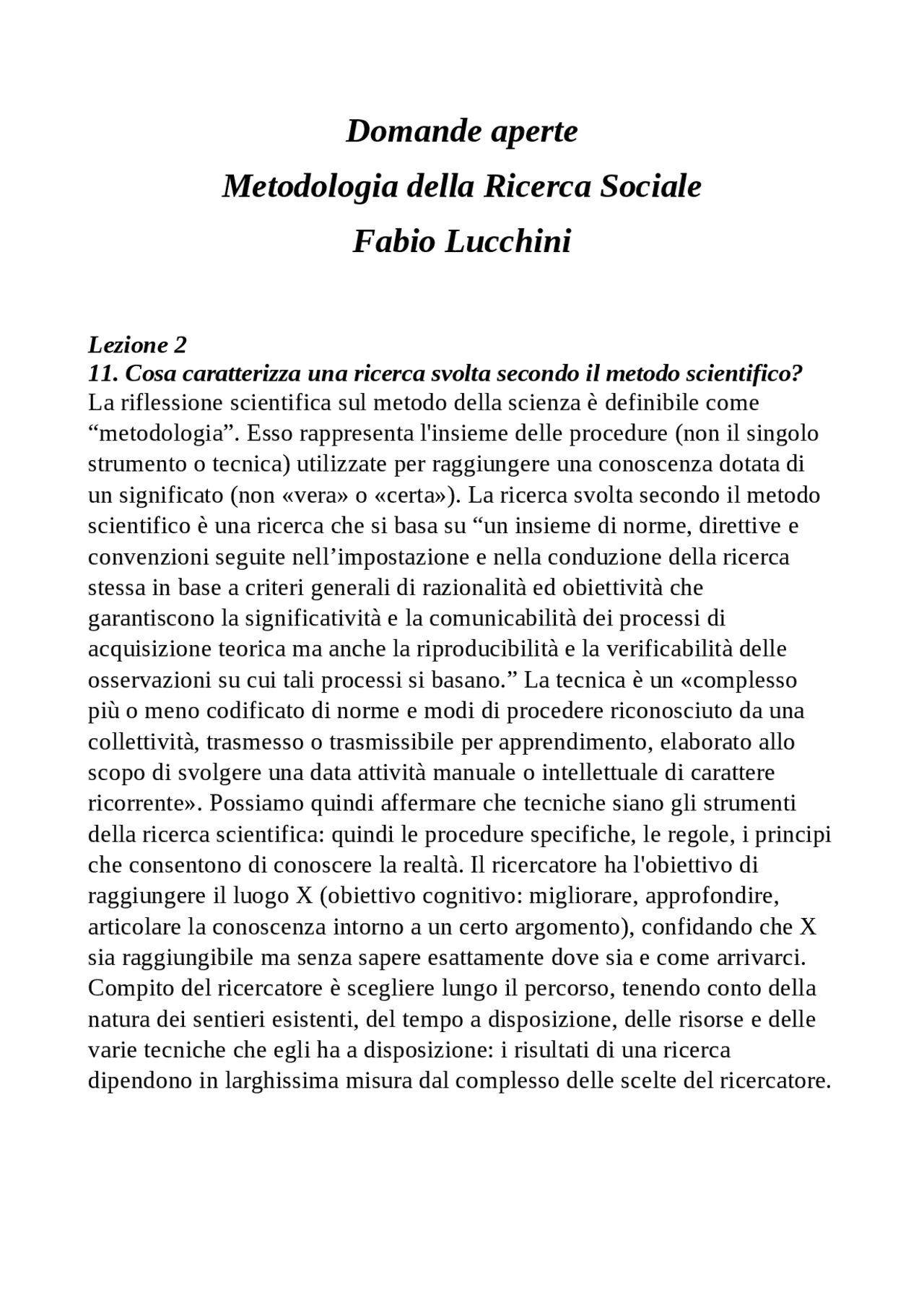 Domande aperte Metodologia della Ricerca Sociale - Fabio Lucchini ...