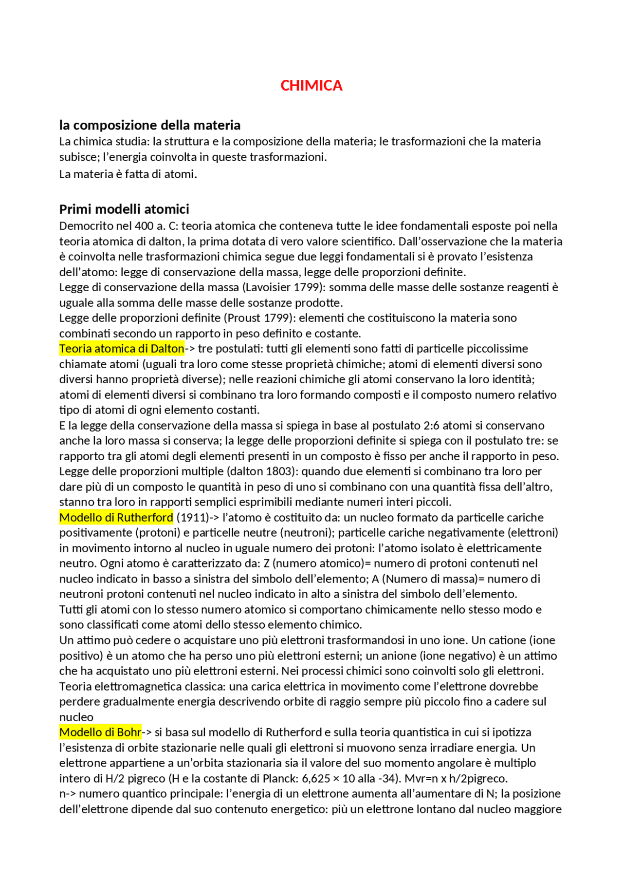 Riassunto Parte Di Chimica Di Alpha Test Per Test Di Ingresso Scienze