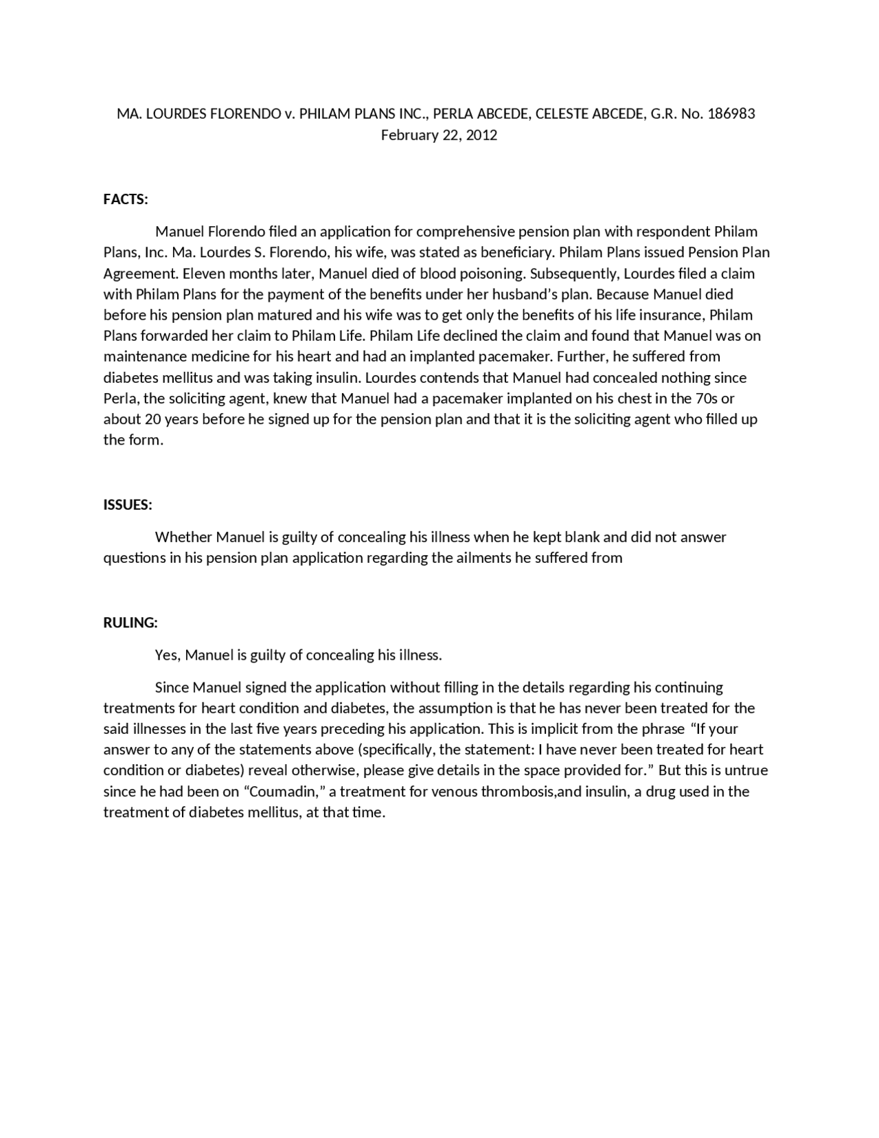 CASE DIGEST (INSURANCE LAW) | Summaries Commercial Law | Docsity