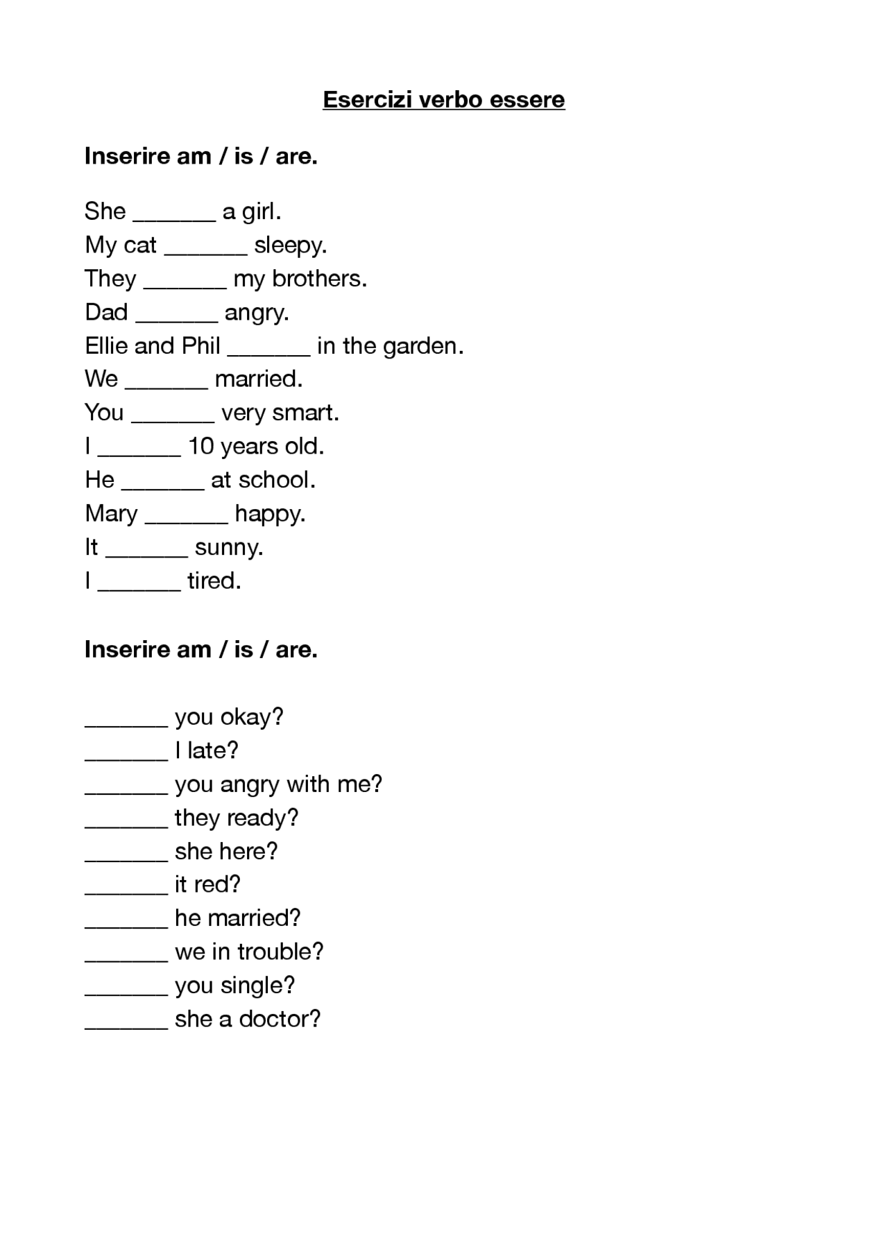 Esercizi verbo essere | Esercizi di Inglese | Docsity
