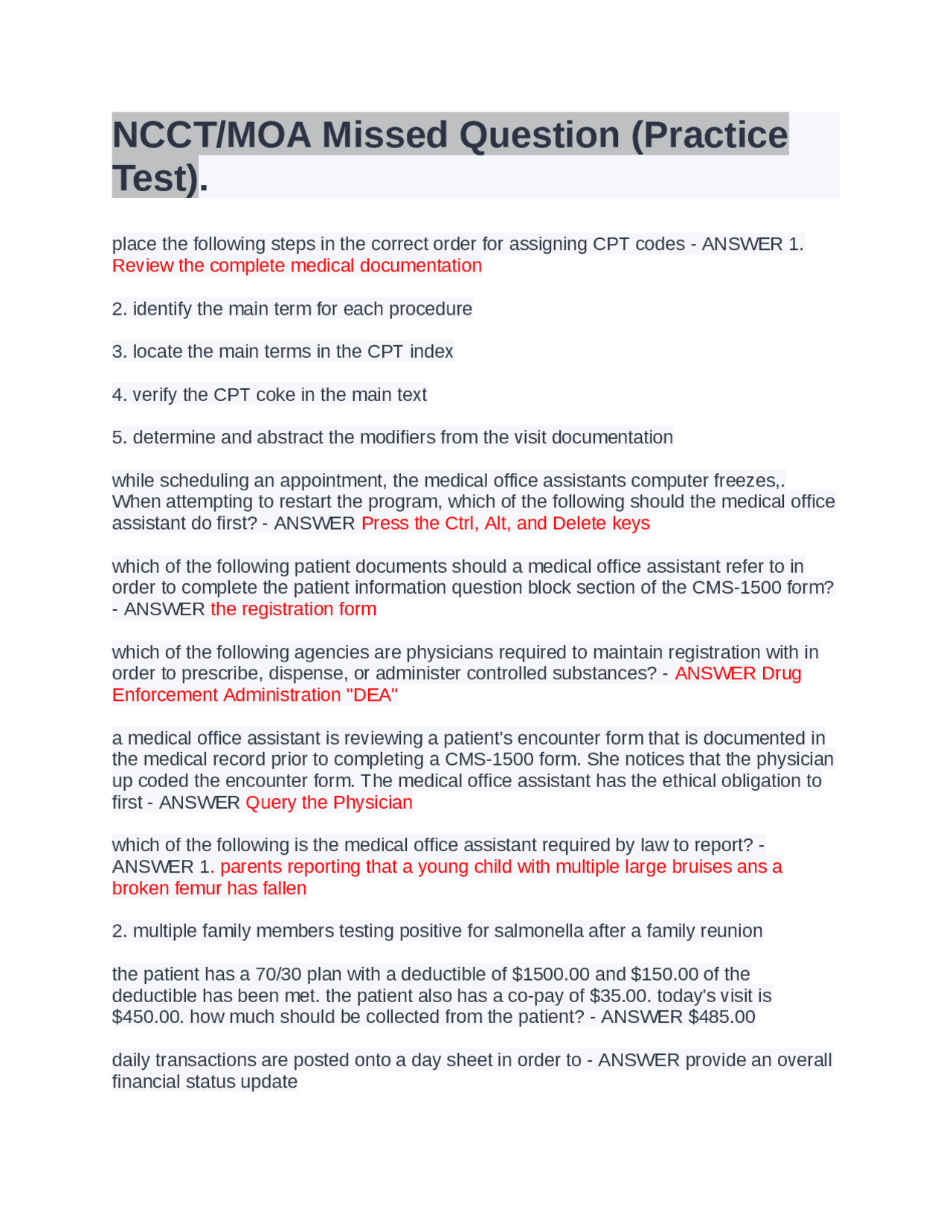 Ncctmoa Missed Question Practice Test Exams Medical Records Docsity