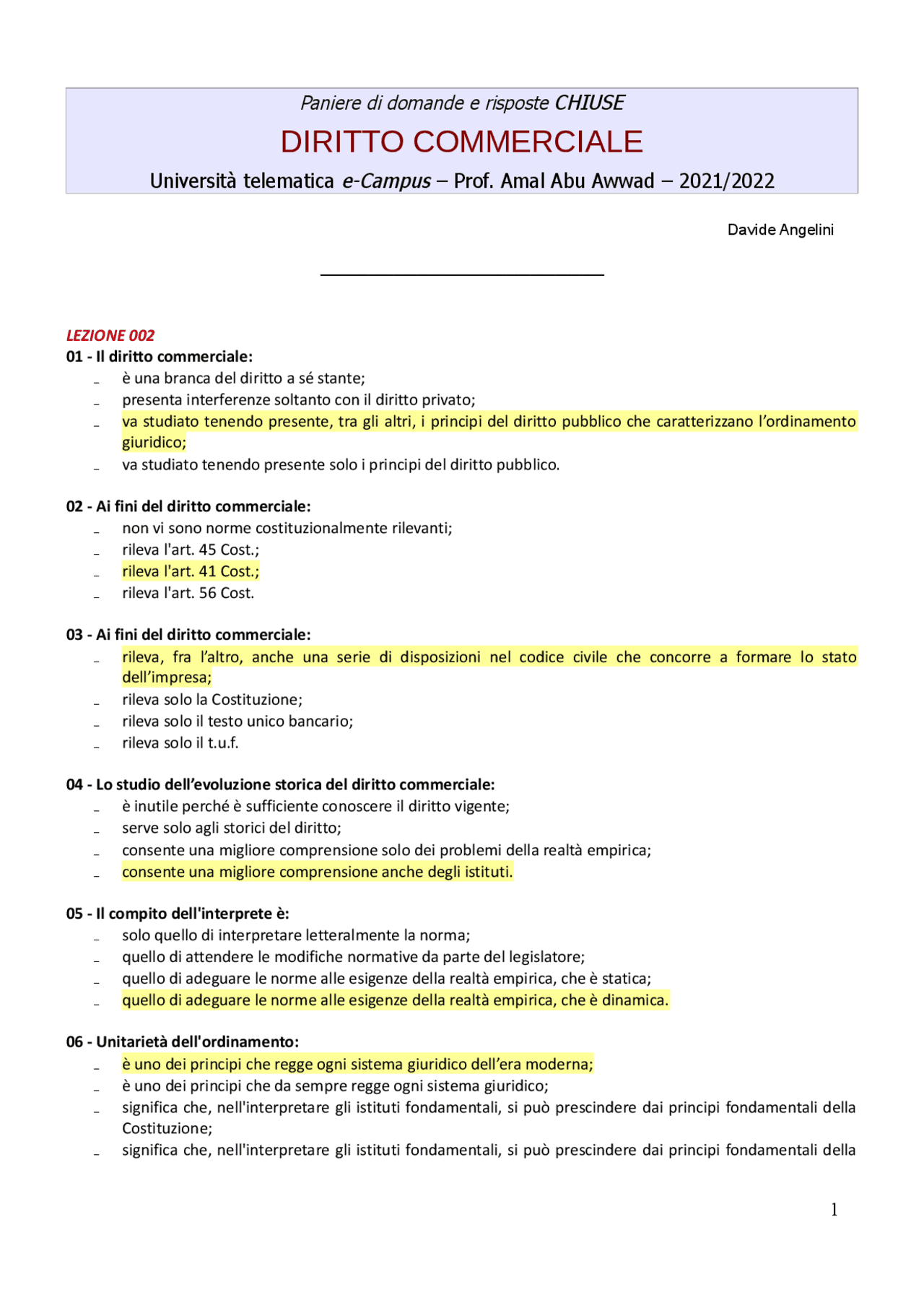 Paniere risposte CHIUSE Diritto Commerciale - eCampus (Prof. Awwad) - 2022 | Panieri di Diritto ...