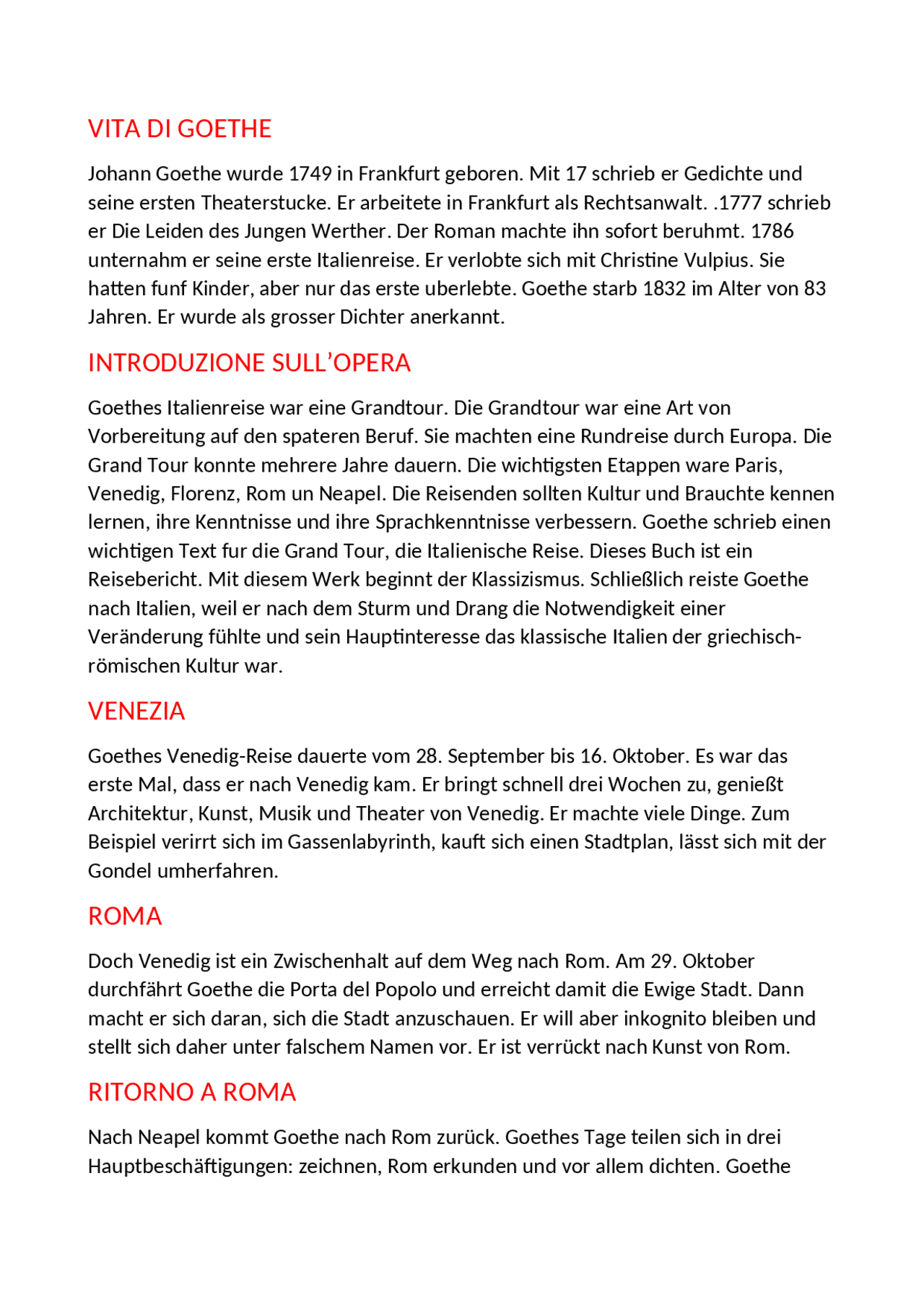 La vita di Goethe in tedesco, riassunto sulla sua vita | Schemi e mappe concettuali di Tedesco ...