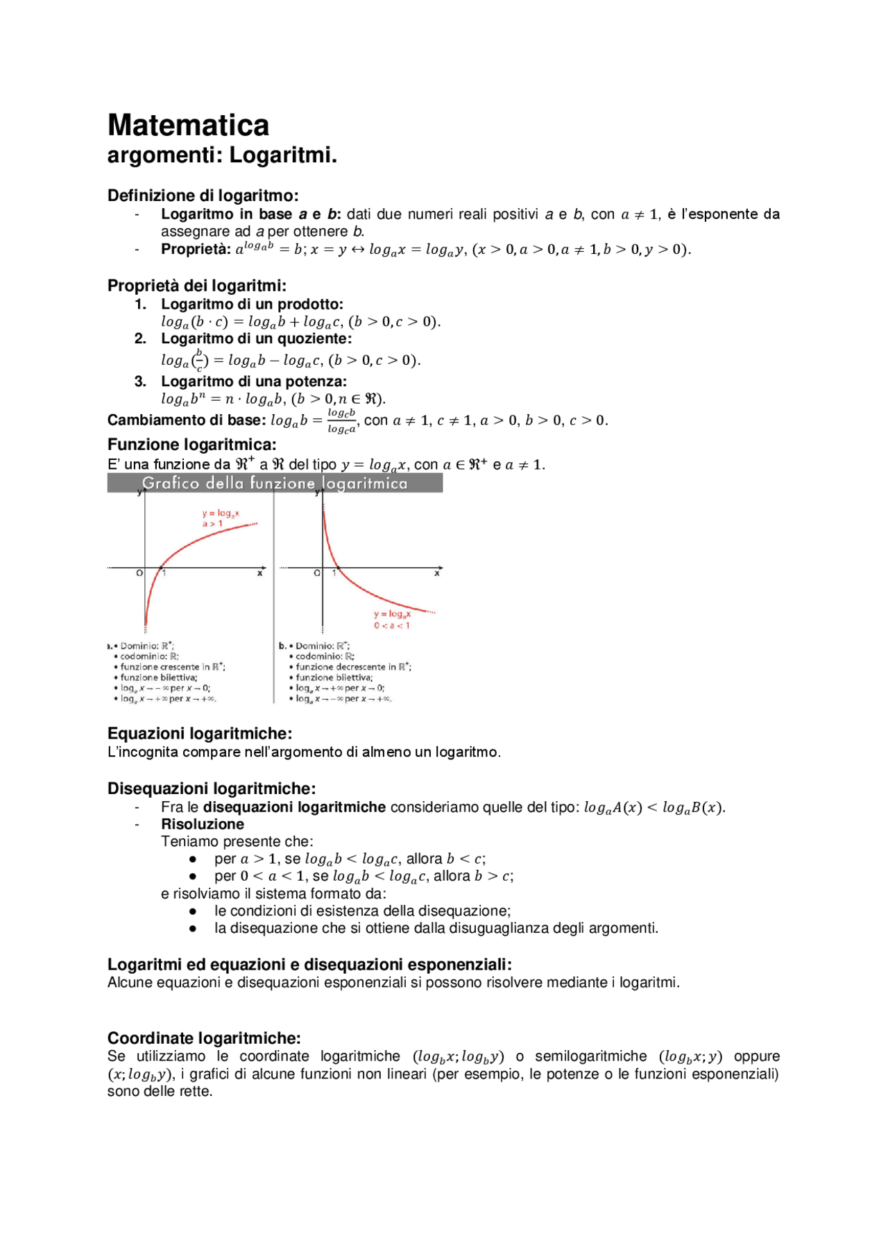 Matematica Logaritmi Appunti Di Matematica Docsity