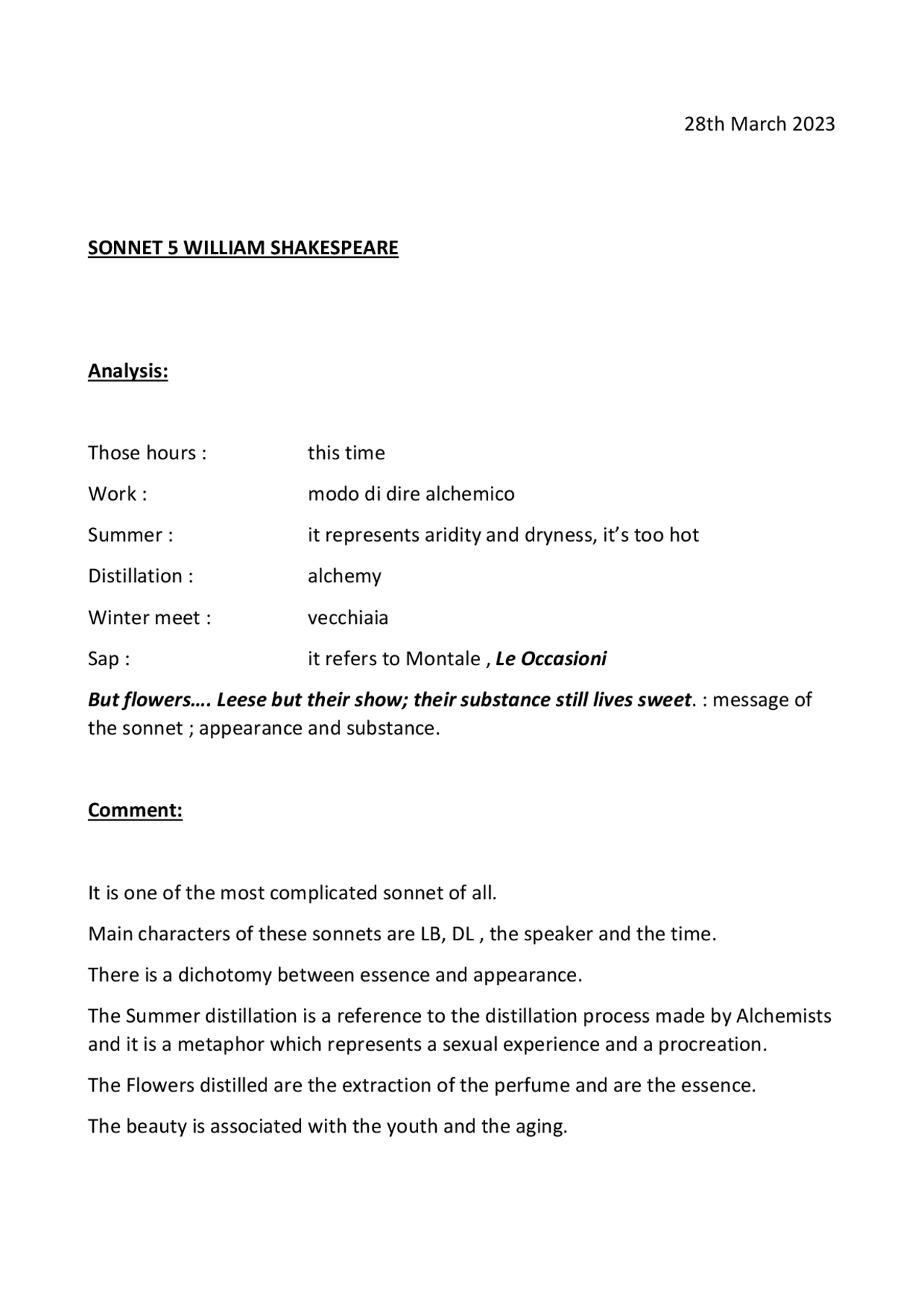 Sonetto 5 William Shakespeare Appunti Di Letteratura Inglese Docsity
