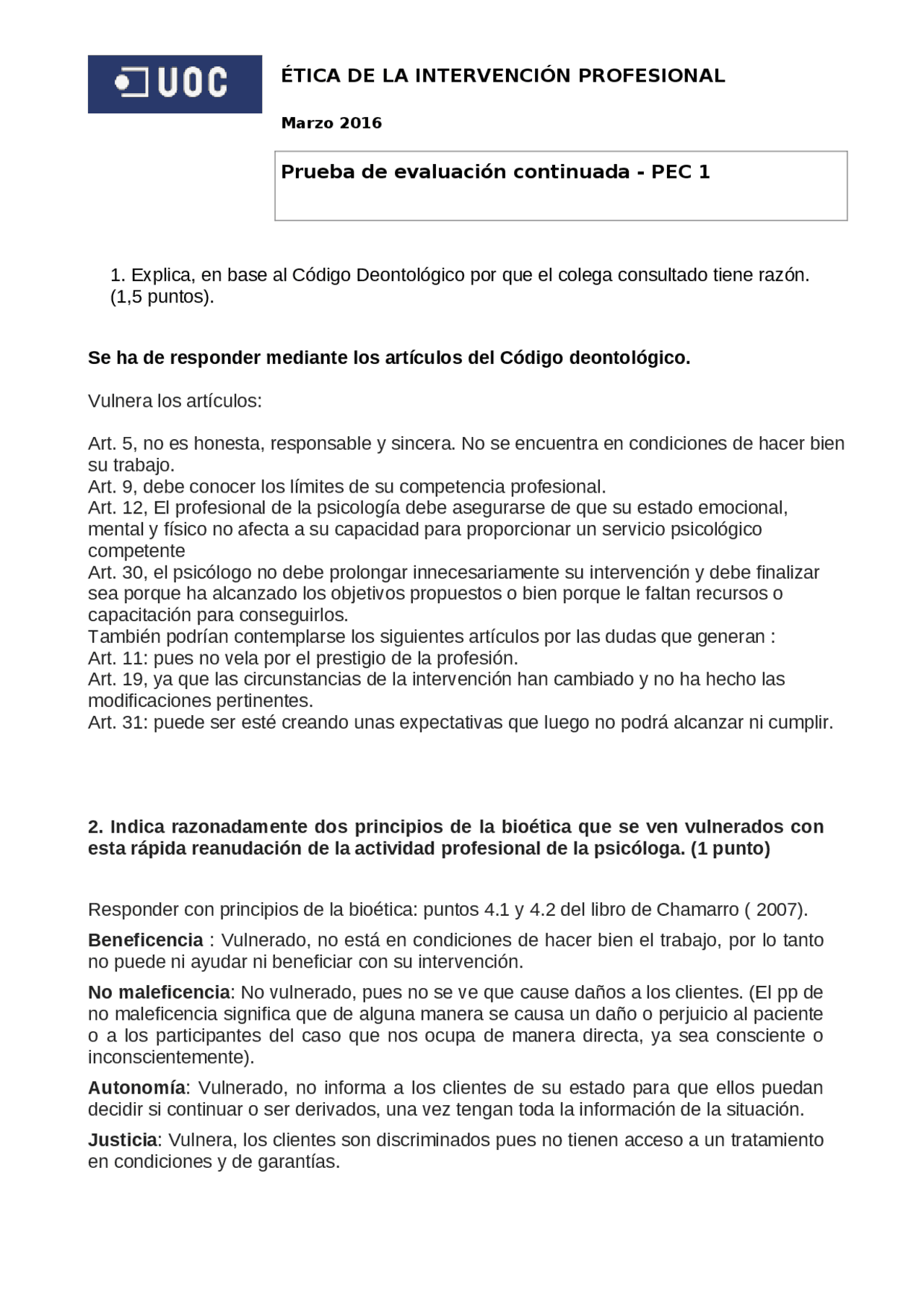 PEC 3 - ETICA EN PSICOLOGIA | Ejercicios de Ética | Docsity