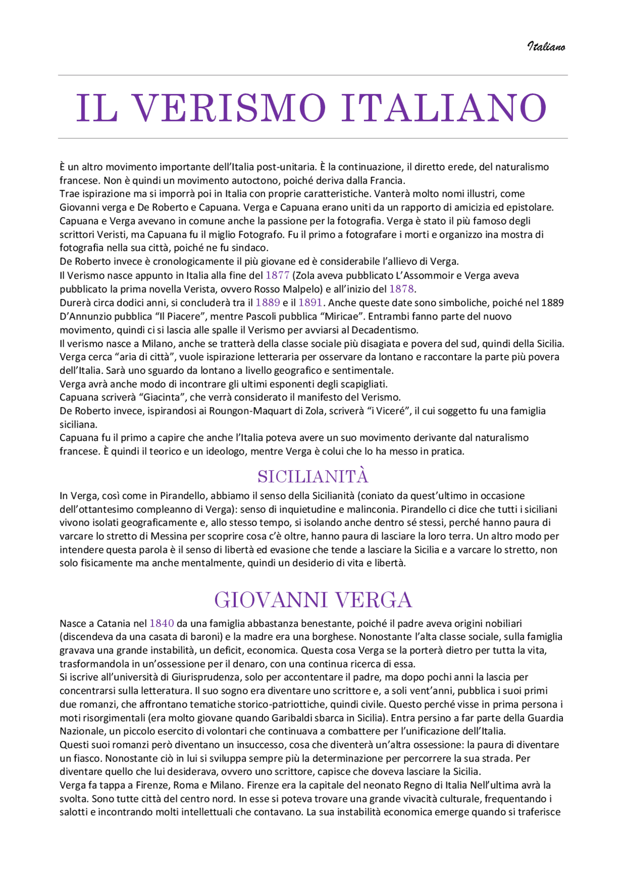 Il Verismo e Giovanni Verga | Appunti di Italiano | Docsity