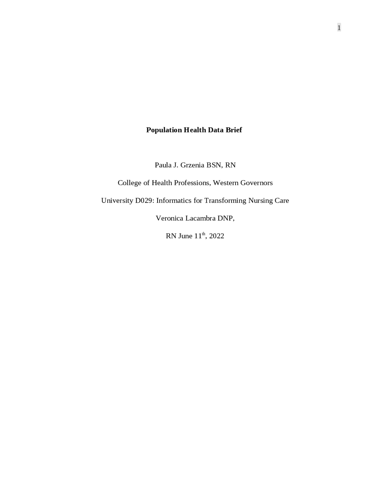 Western Governors University D029 - Population Health Data Brief latest ...