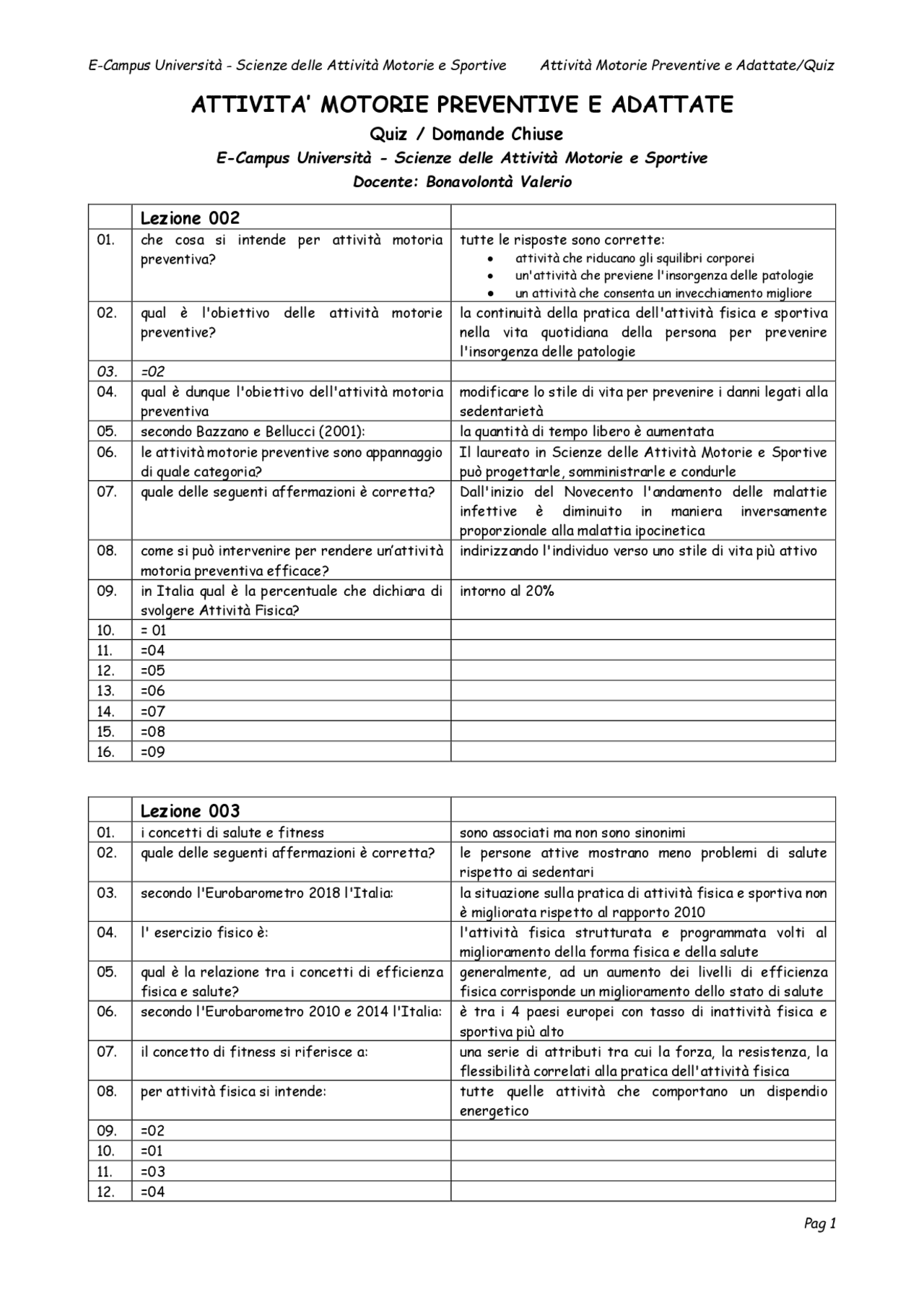 E-Campus -Scienze Motorie - Attività Motorie Preventive e Adattate - Quiz / Domande chiuse ...