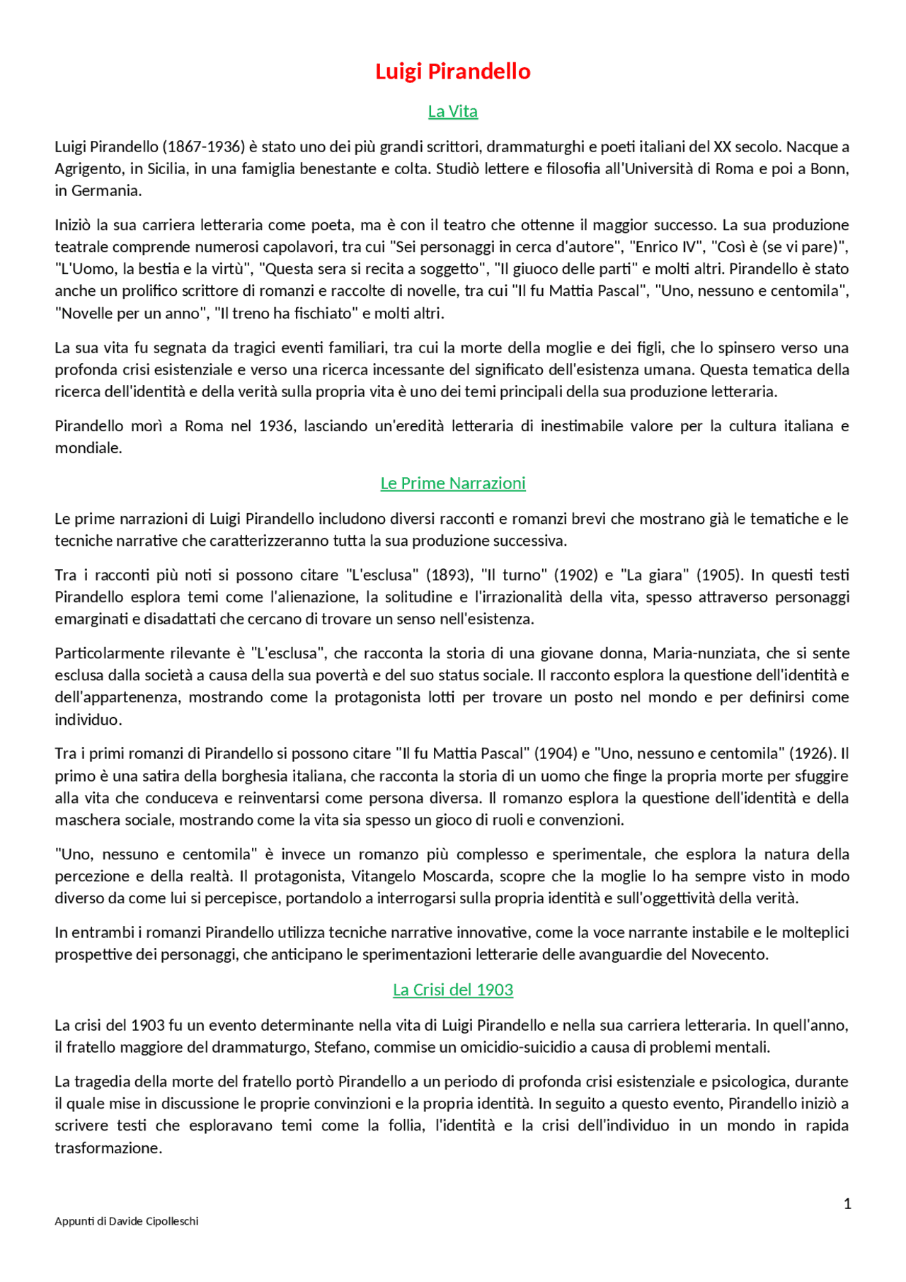 Luigi Pirandello Riassunto molto buono | Slide di Italiano | Docsity