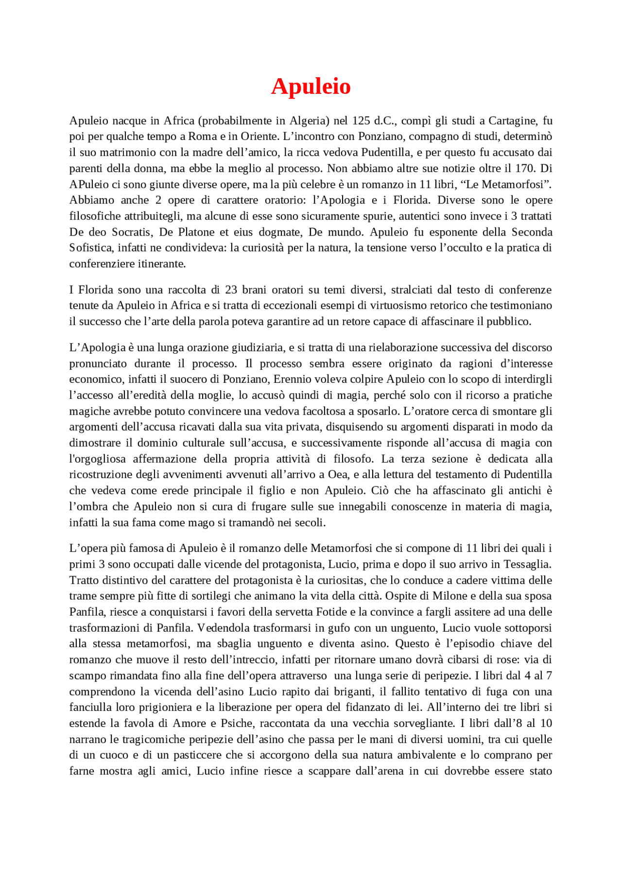 Riassunto su Apuleio | Appunti di Latino | Docsity