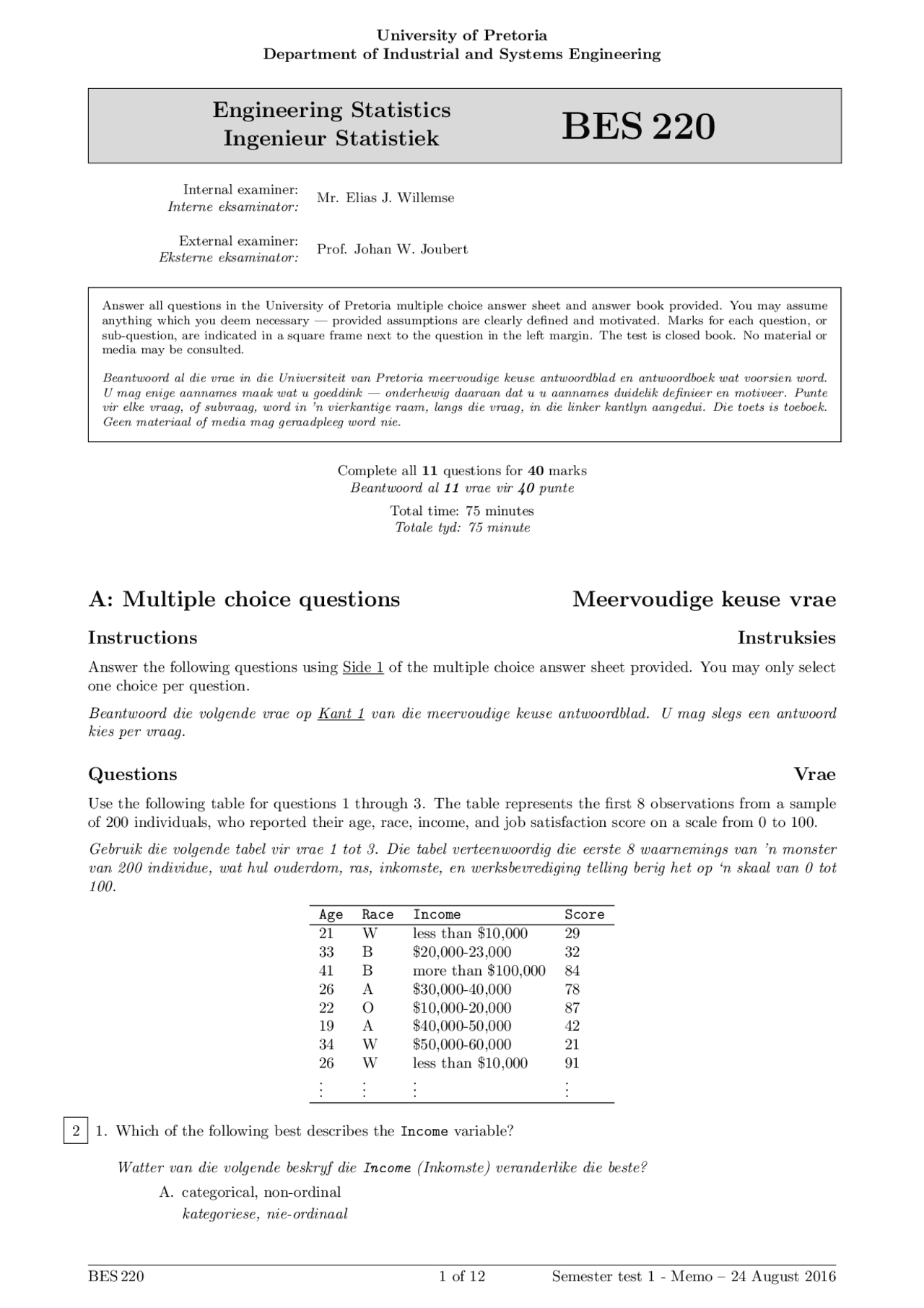 Engineering statistics | Exams Statistics | Docsity