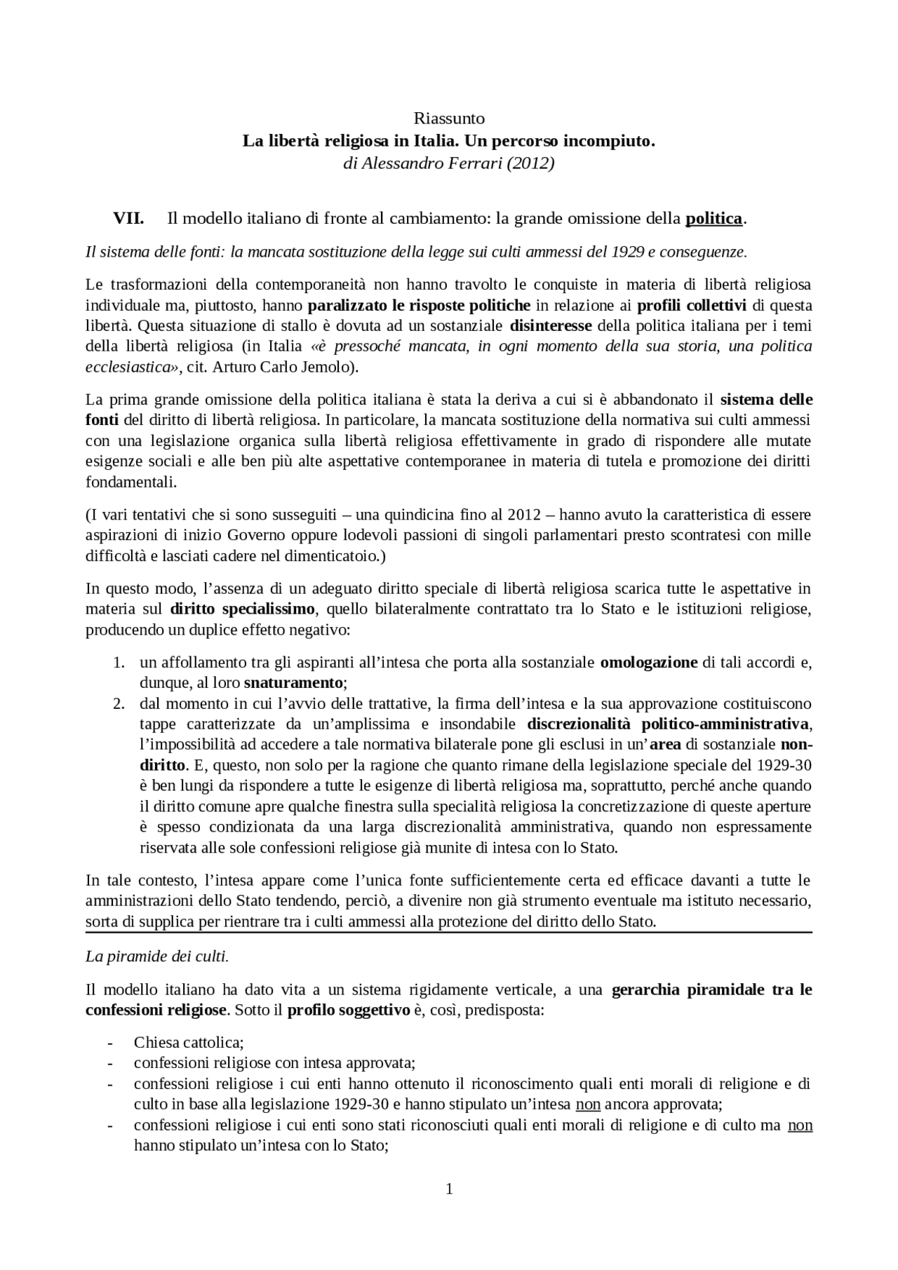 Riassunto La libertà religiosa in Italia di Alessandro Ferrari - Cap. 7 ...