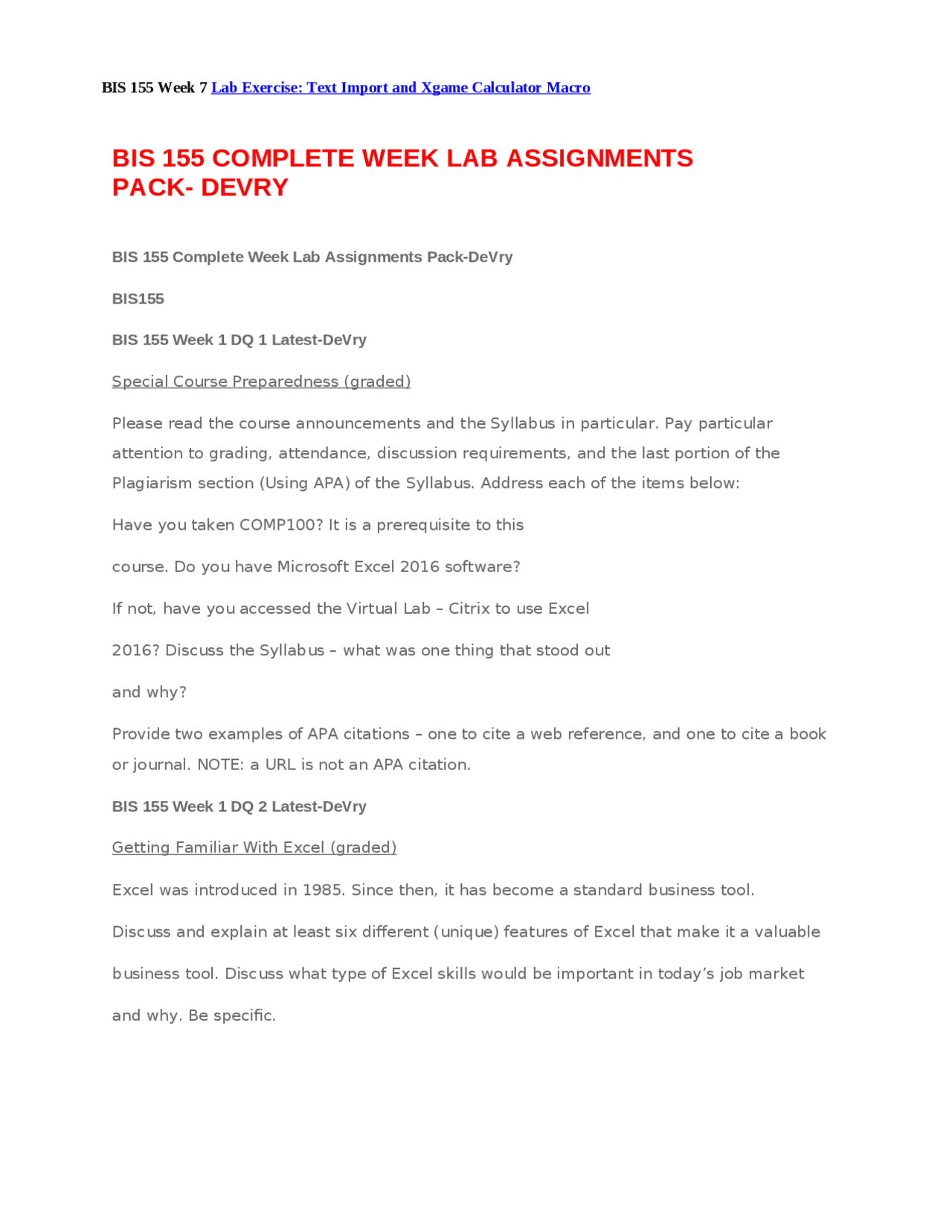 Bis 155 Complete Week Lab Assignments Pack Devry Exams Business
