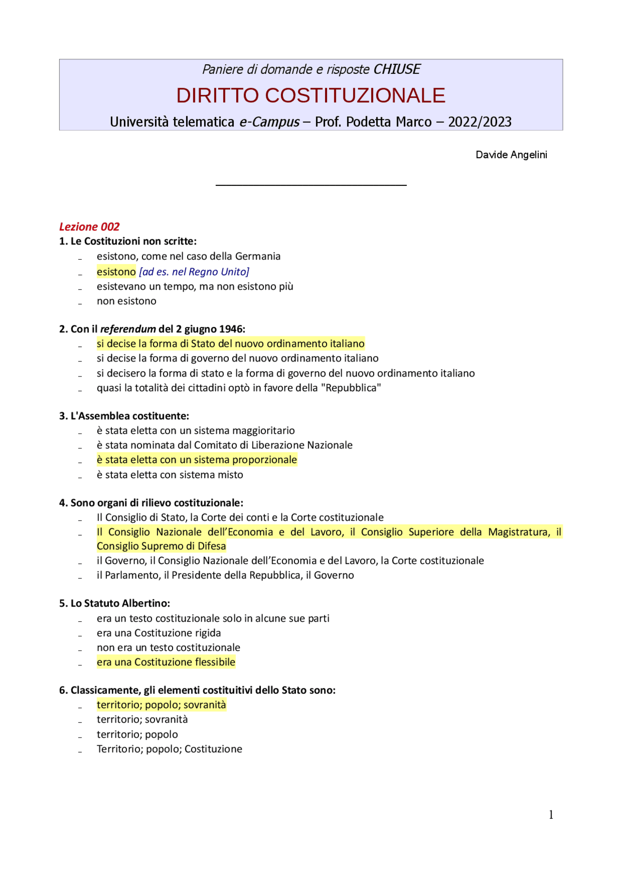 Diritto Costituzionale - PANIERE RISPOSTE CHIUSE - eCampus (Prof. Podetta) - 2023 | Panieri di ...