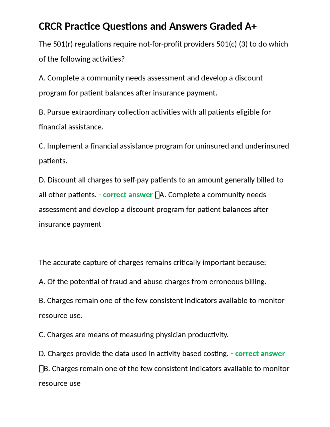 CRCR Practice Questions and Answers Graded A+ | Exams Nursing | Docsity