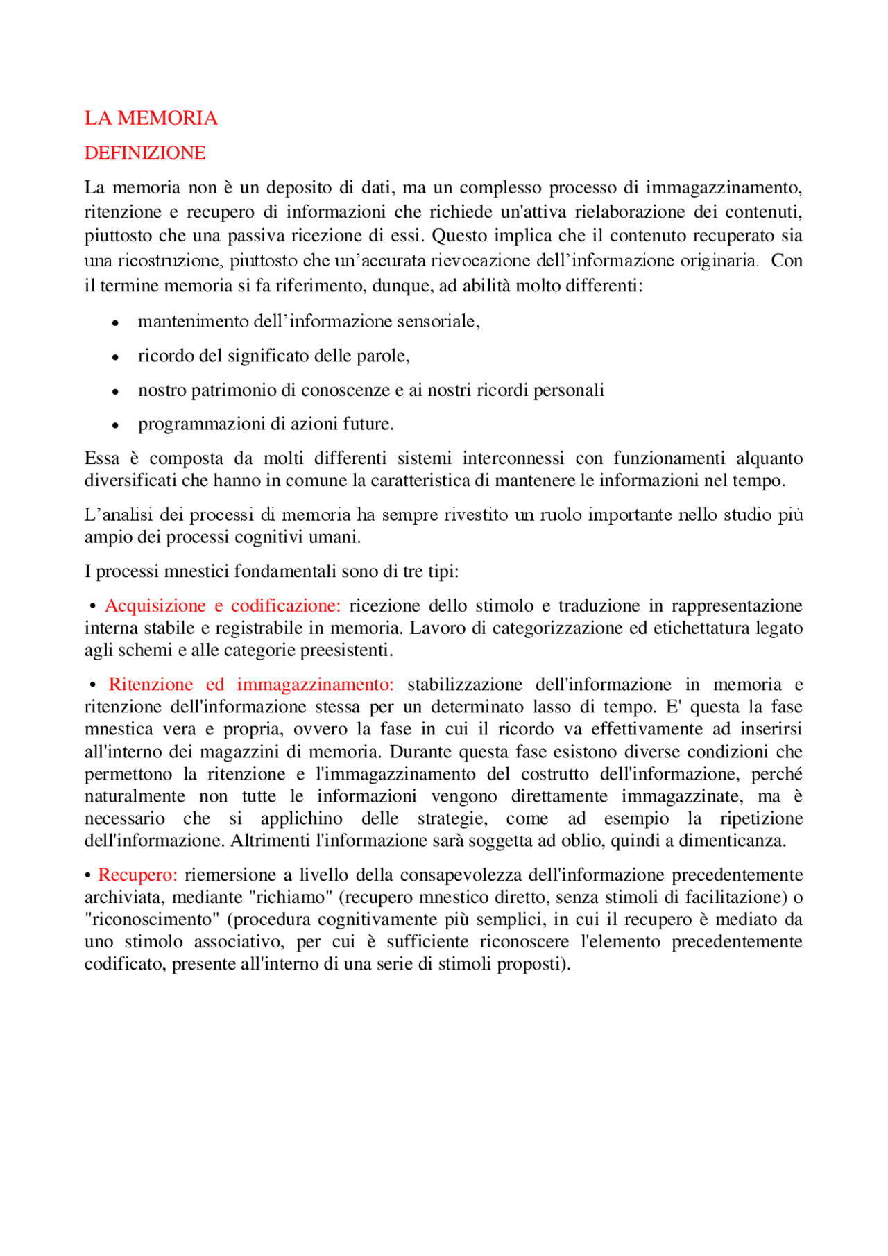 La memoria: definizione, processi e modelli | Schemi e mappe concettuali di Psicologia Generale ...