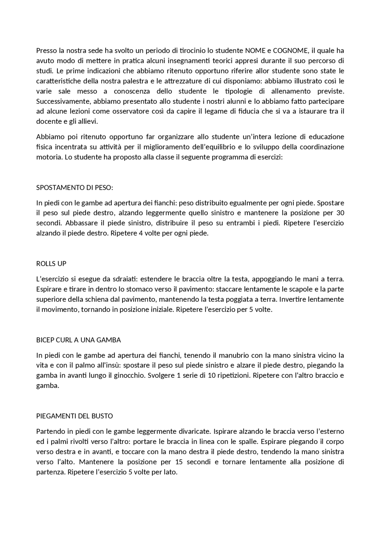 Relazione Stage Per L 22 Scienze Motorie Esercizi Di Scienze Motorie