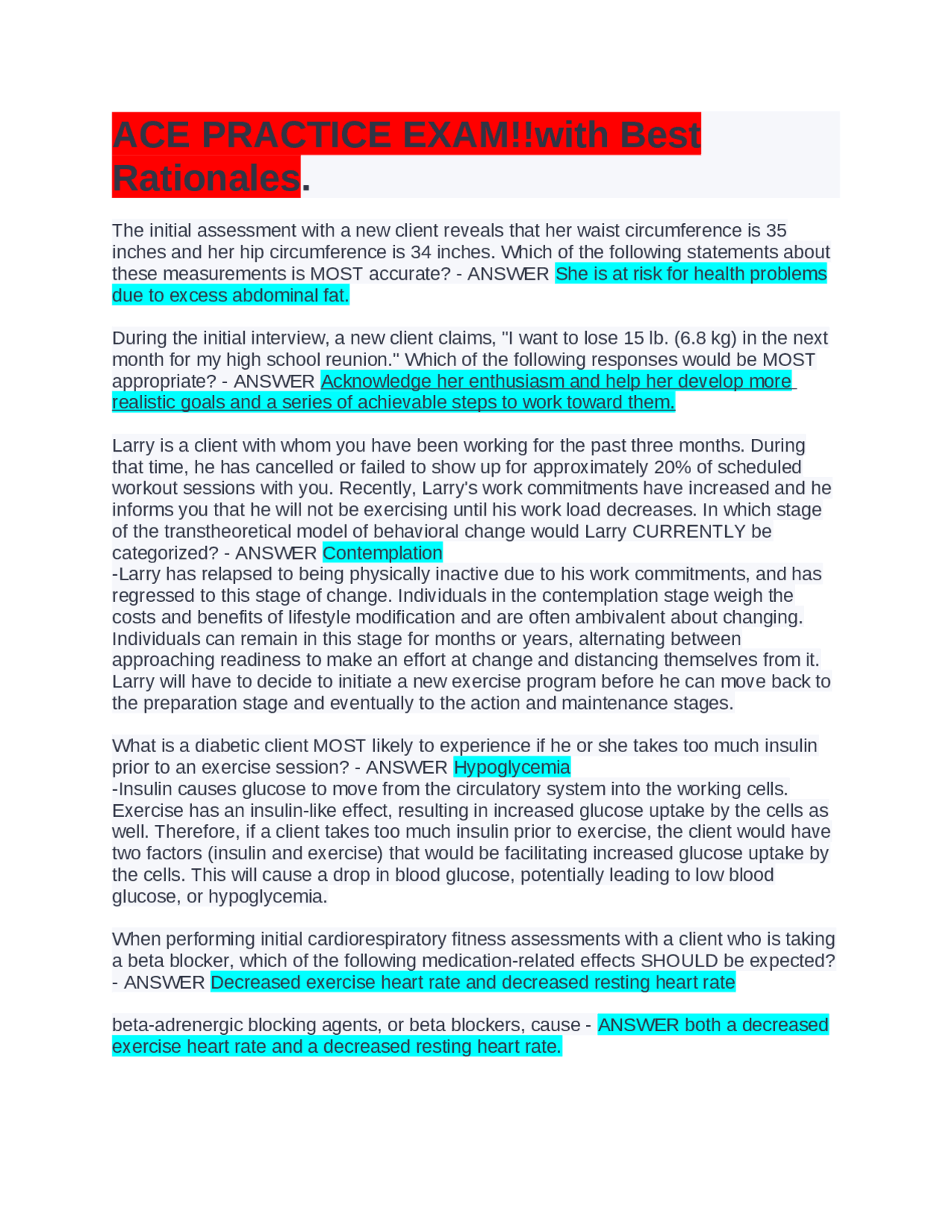 ACE PRACTICE EXAM!!with Best Rationales. | Exams Training and ...