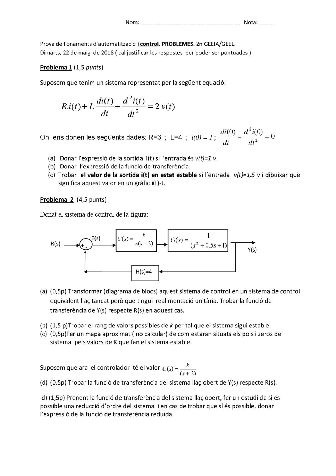 Examen Final De Control Exámenes De Sistemas De Control Docsity