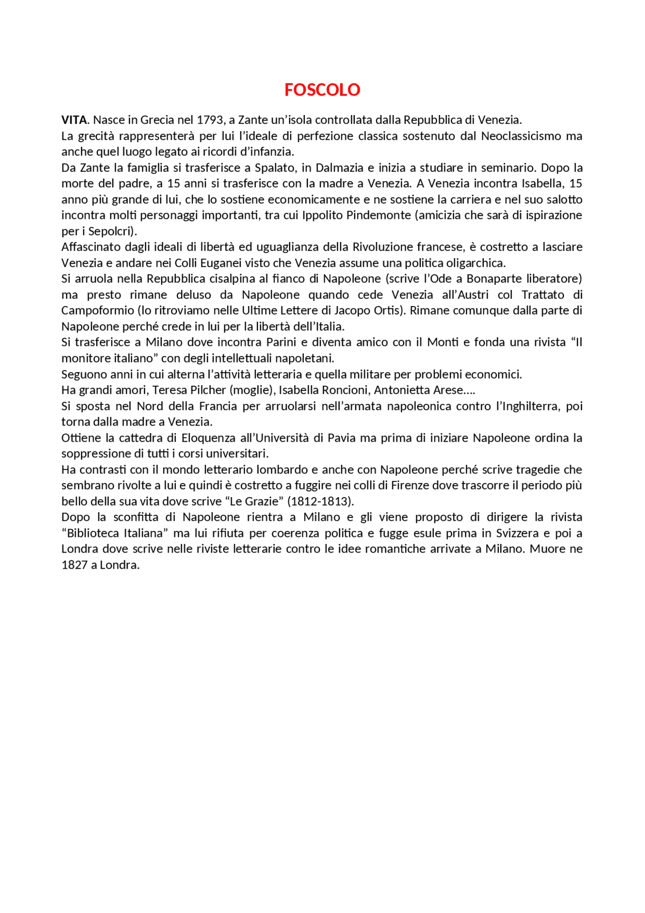 Foscolo Vita E Opere Lecture Notes Of Italian Docsity