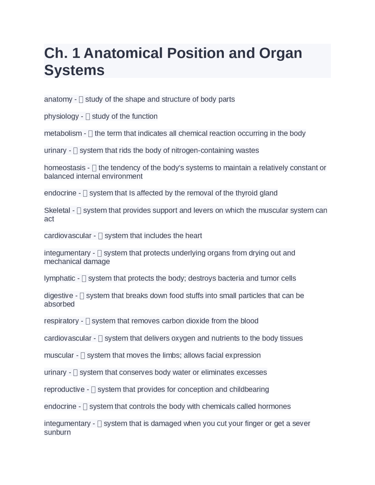 Ch. 1 Anatomical Position and Organ Systems | Exams Anatomy | Docsity