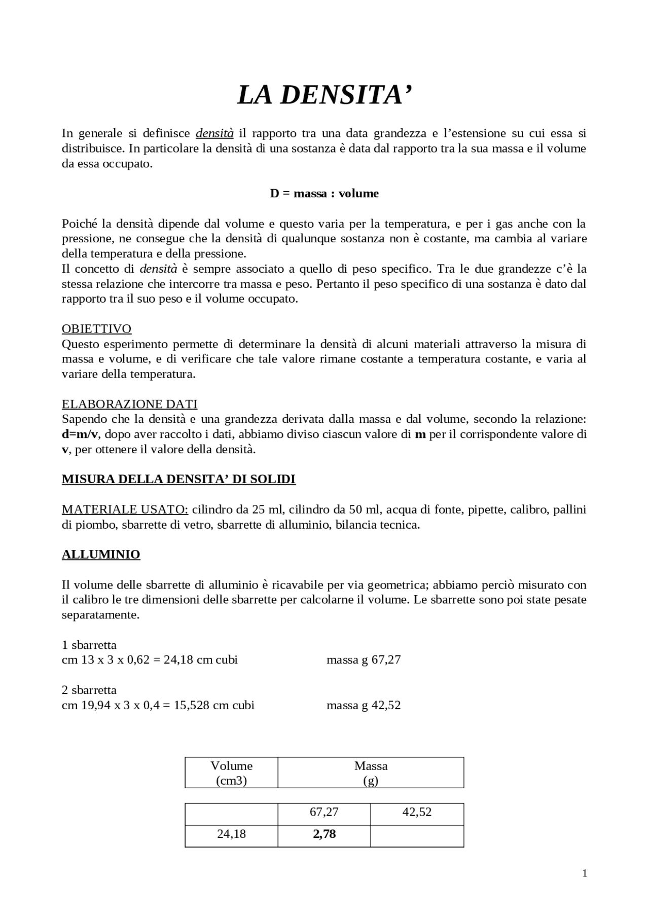 Fisica Densita Schemi Schemi E Mappe Concettuali Di Fisica Docsity