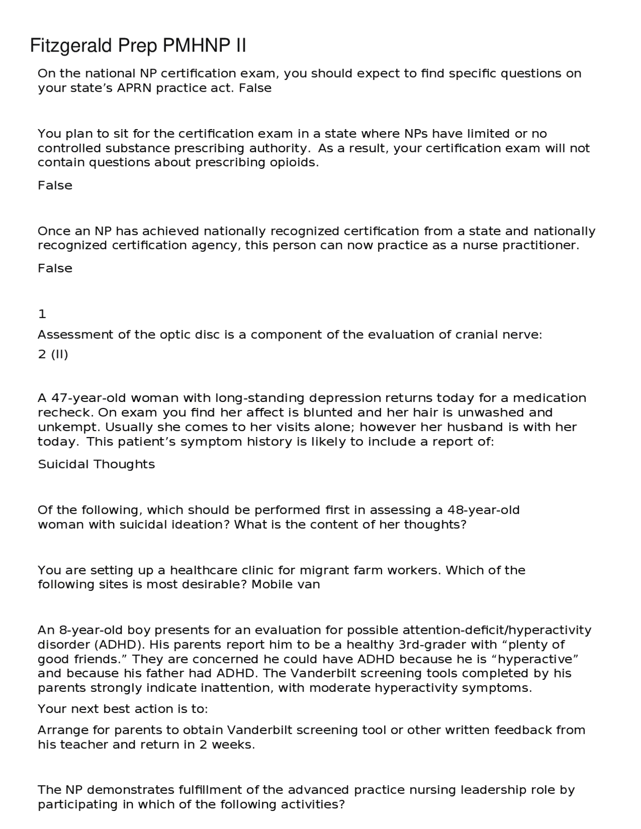 Fitzgerald Prep PMHNP II | Exams Nursing | Docsity