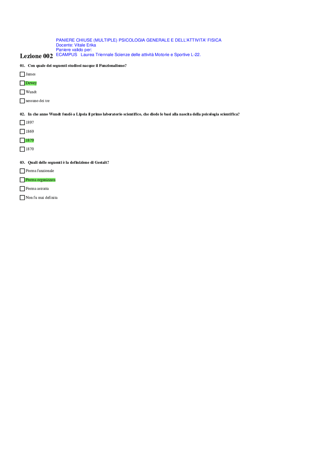 PANIERE CHIUSE PSICOLOGIA GENERALE E DELL'ATTIVITA' FISICA Docente ...