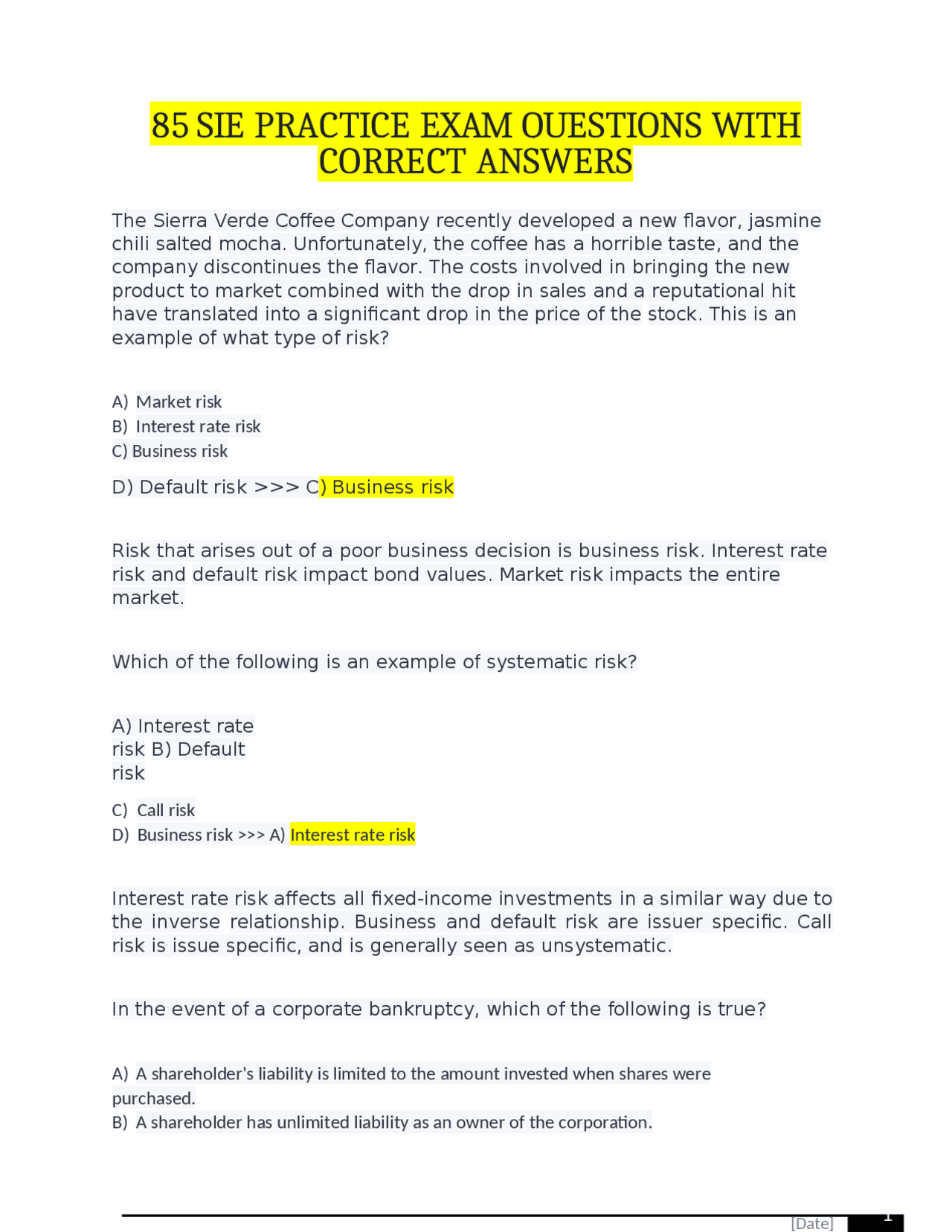 85 SIE PRACTICE EXAM QUESTIONS WITH CORRECT ANSWERS | Exams Nursing | Docsity