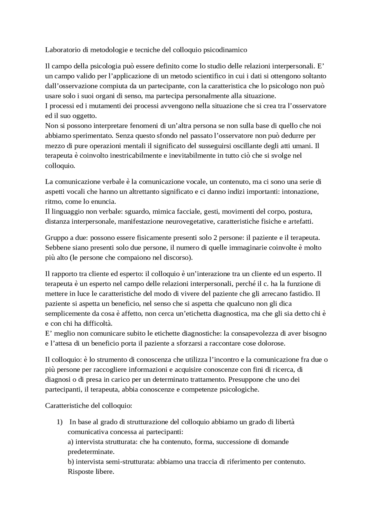 Laboratorio Di Metodologie E Tecniche Del Colloquio Psicodinamico