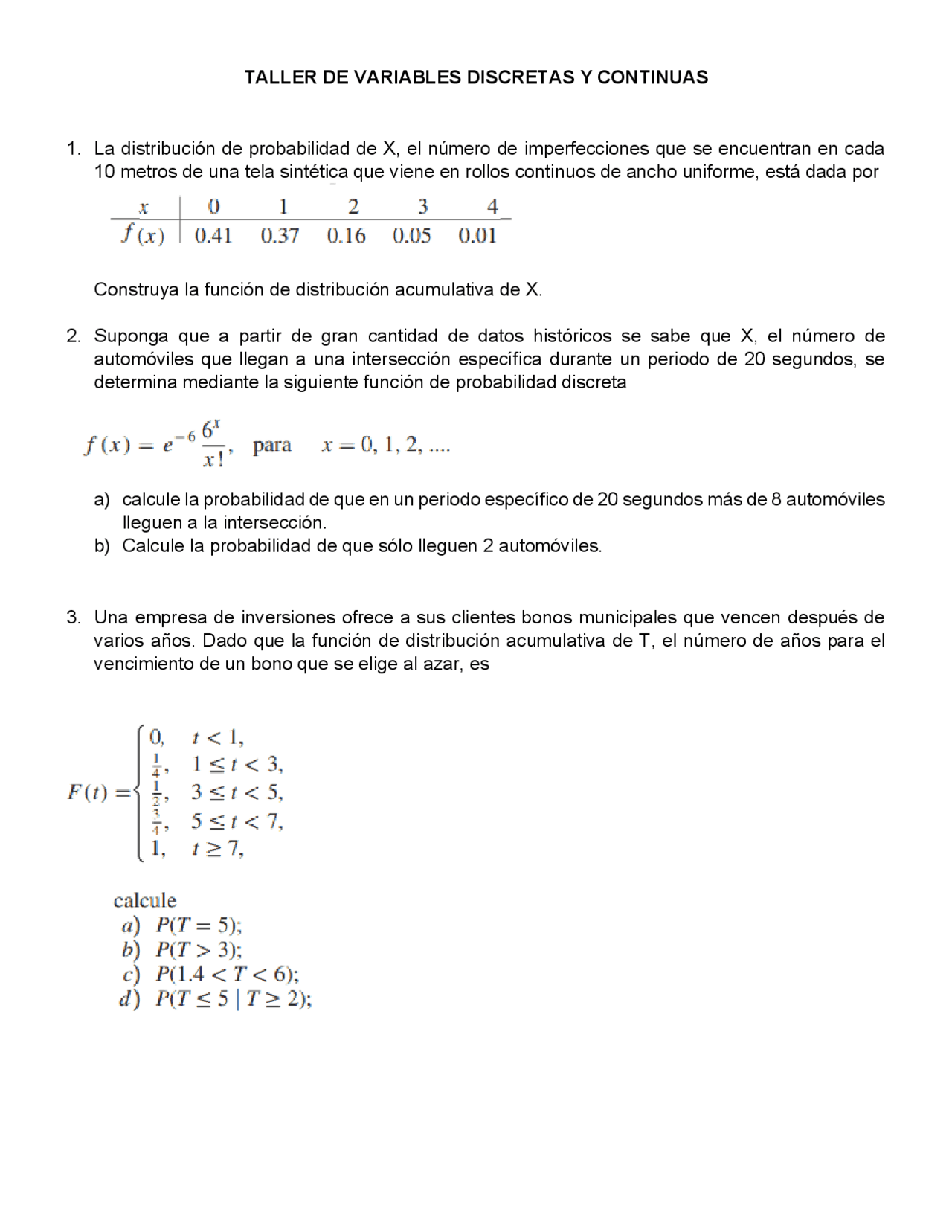TALLER DE VARIABLES DISCRETAS Y CONTINUAS | Ejercicios de Probabilidad ...