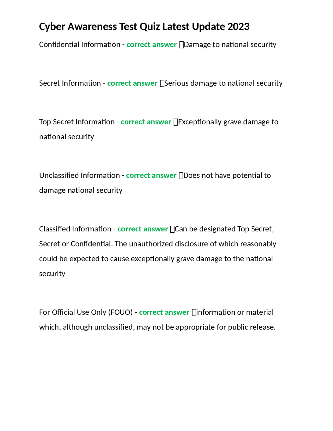 Cyber Awareness Test Quiz Latest Update 2023 | Exams Nursing | Docsity