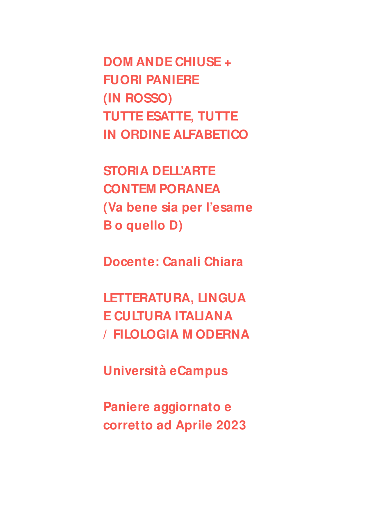 Chiuse + fuori paniere 2023 STORIA DELL’ARTE CONTEMPORANEA B D Canali Chiara Magistrale ...