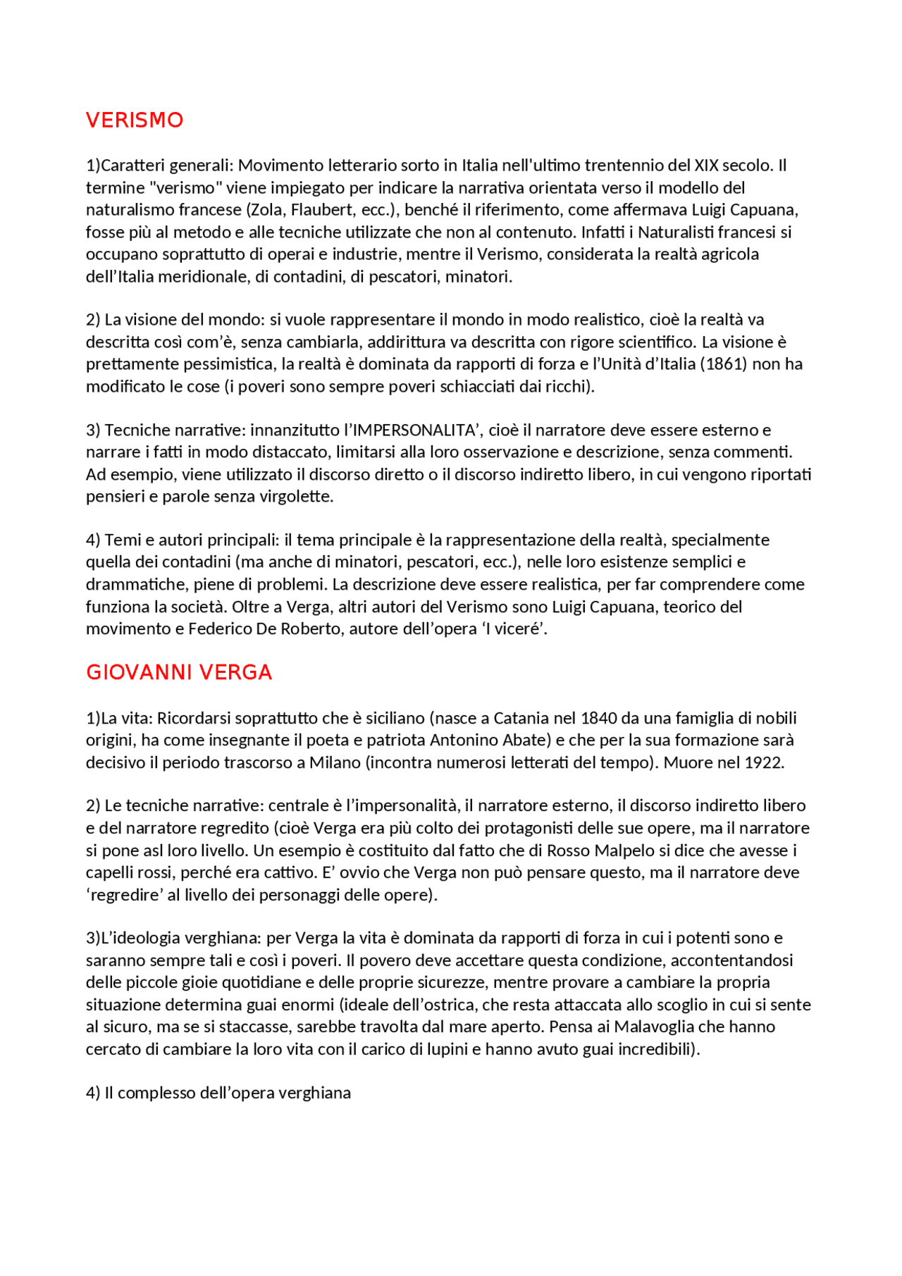 Verismo letteratura italiana | Schemi e mappe concettuali di Letteratura | Docsity