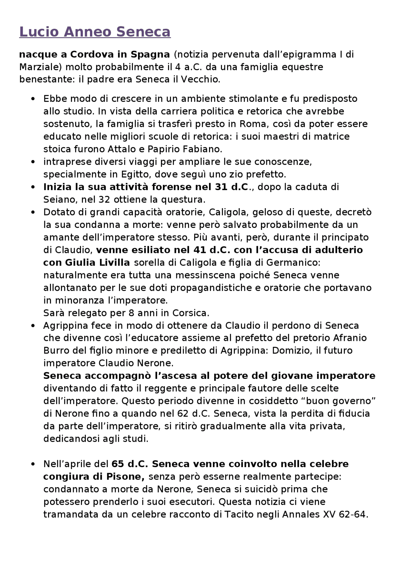 La vita e le opere di Seneca | Appunti di Latino | Docsity