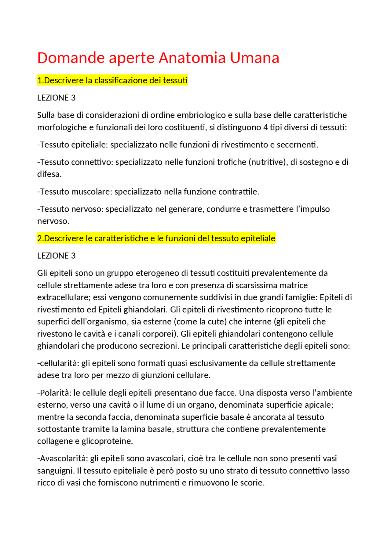 Anatomia Domande Aperte Prove Desame Di Anatomia Docsity