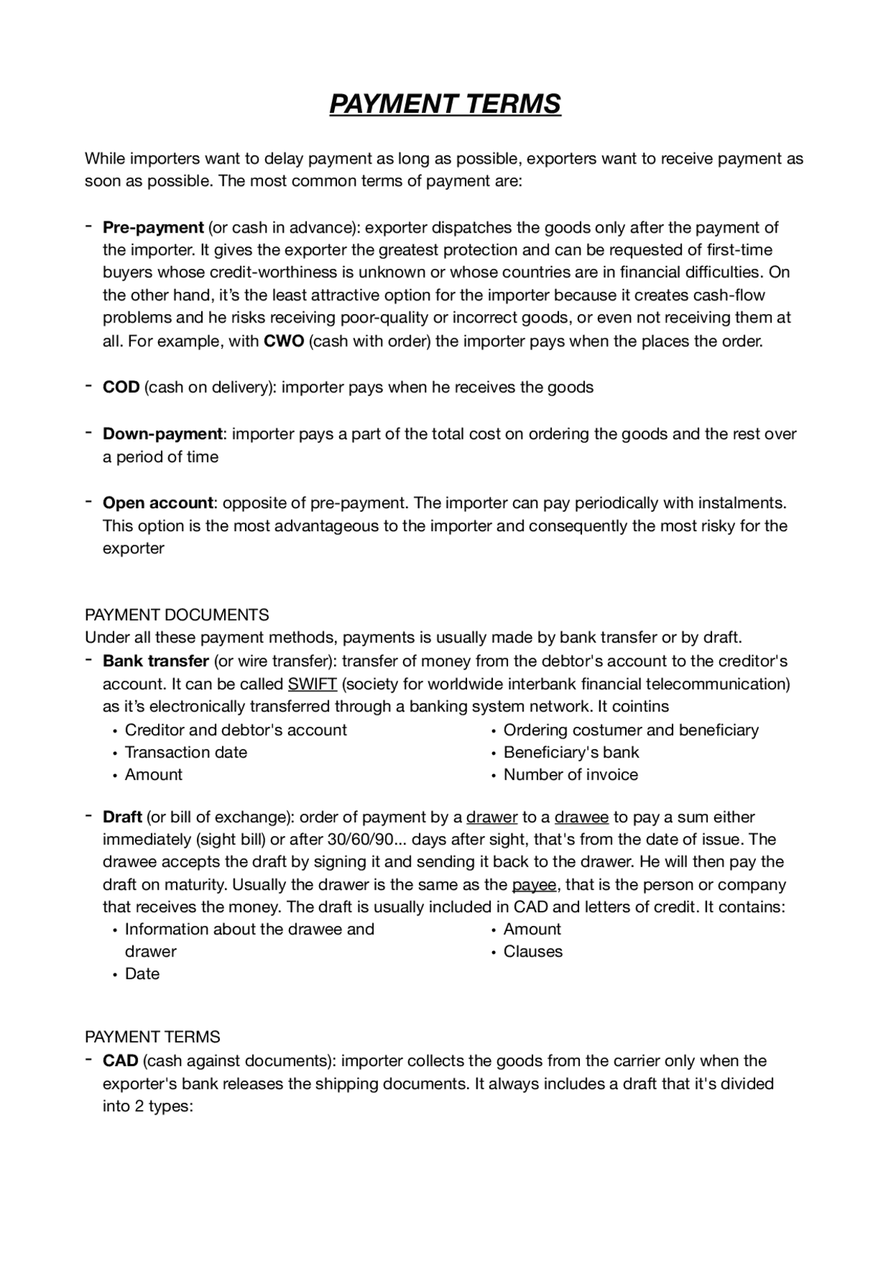 BUSINESS ENGLISH- PAYMENT TERMS | Appunti di Inglese | Docsity