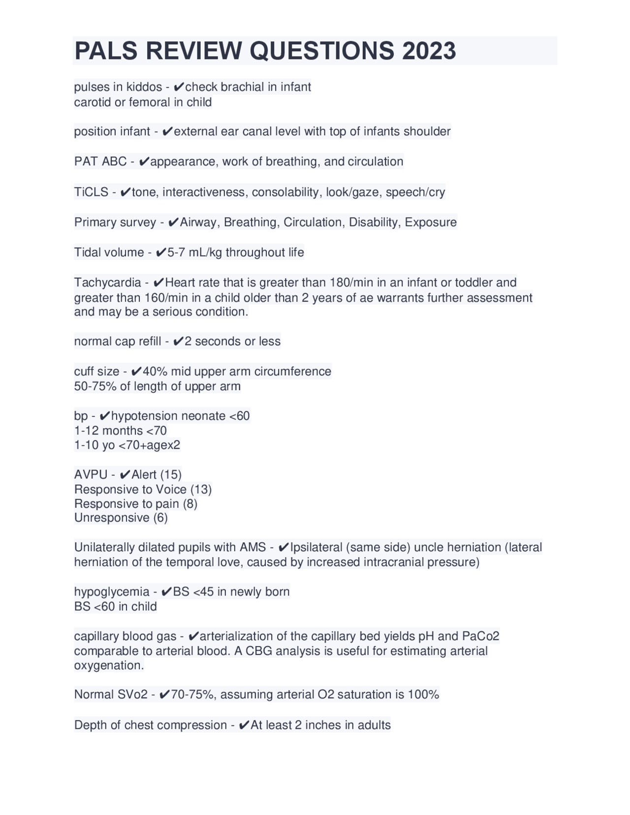 PALS Review Questions 2023 | Exams Nursing | Docsity
